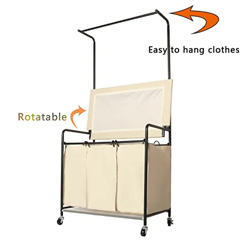 Laundry Sorter Cart with Ironing Board 3-Section Laundry Hamper and Hanging Bar Clothes Rack Heavy-Duty Rolling Laundry Cart with 3 Removable Bags