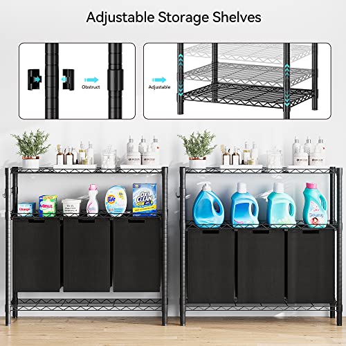 Laundry Sorters with 3 X 45L Pull-Out & Removable Laundry Bags, 2 Tier Adjustable Metal Storage Shelf, Oxford Fabric Laundry Baskets, Black