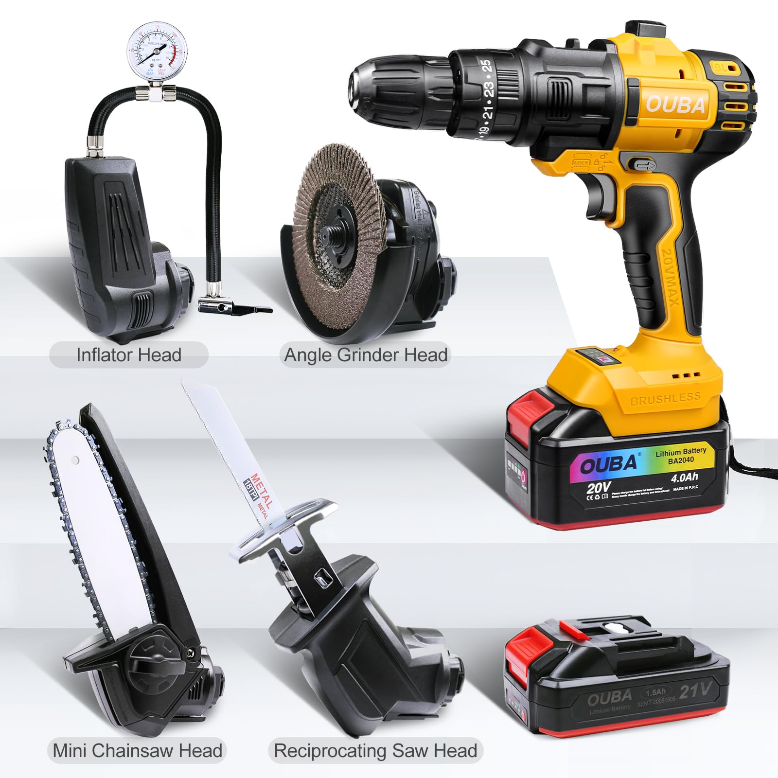 OUBA Power Tool Combo Kits, Drill, Mini Chainsaw, Reciprocating Saw, Angle Grinder, Inflatable Pump, 5-in-1 Cordless Power Tool Set, With 2 Batteries, 54 PCS Tool Accessories, Versatile Applicability