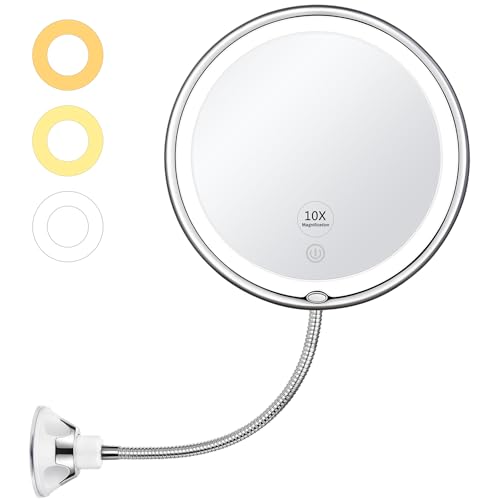 KEDSUM Lighted Makeup Mirror, 10X Magnifying Makeup Mirror with Suction Cups, Upgraded 3 Colors & Dimming Lights, 360° Swivel Flexible Mirror, Magnifying Travel Vanity Mirror for Bathroom Shaving