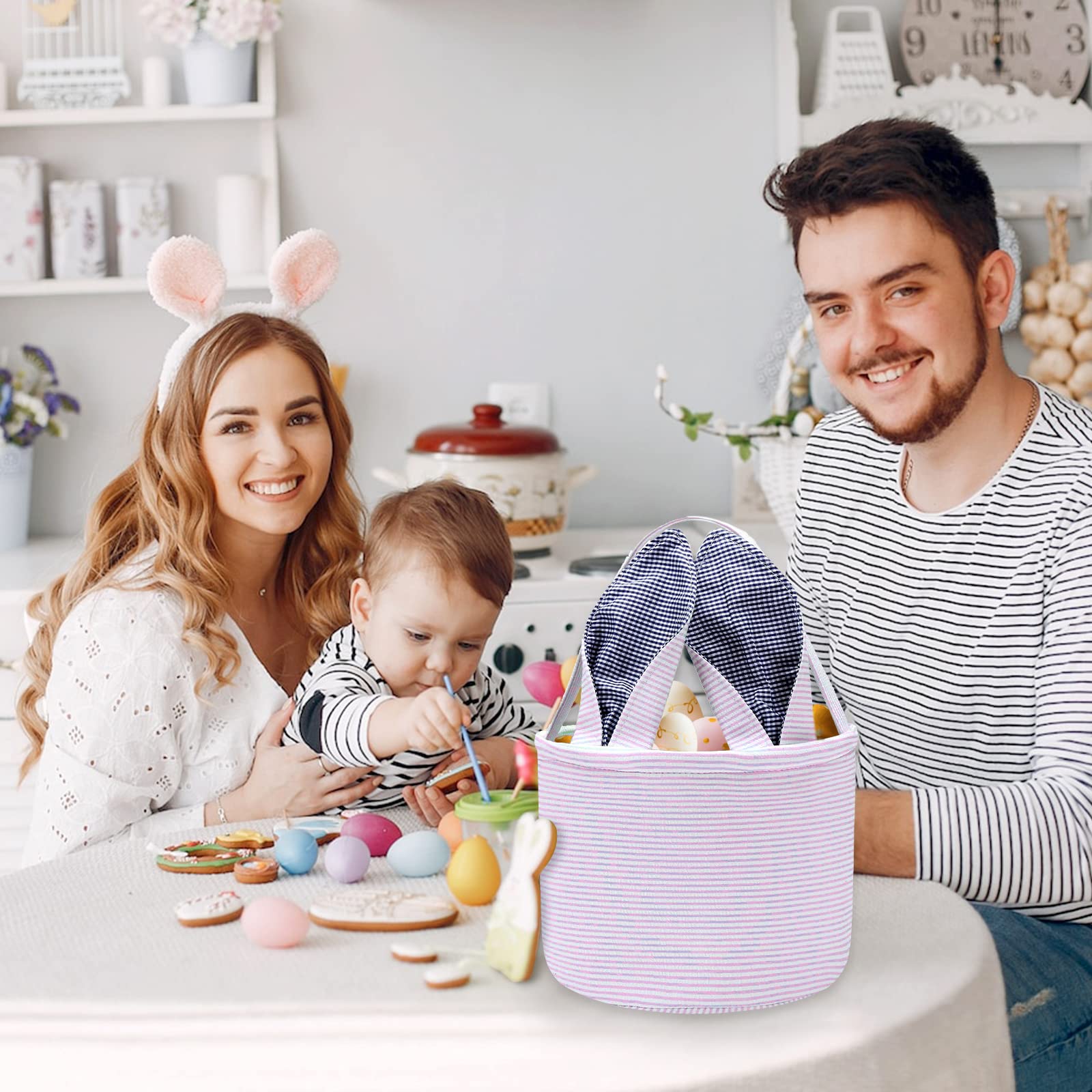 GFU Easter Basket, Seersucker Bunny Baskets for Kids, Eggs Hunt Bag with 2pcs Stickers, Cute Rabbit Ears Stripe Storage Bag, Children Personalized Easter Gifts