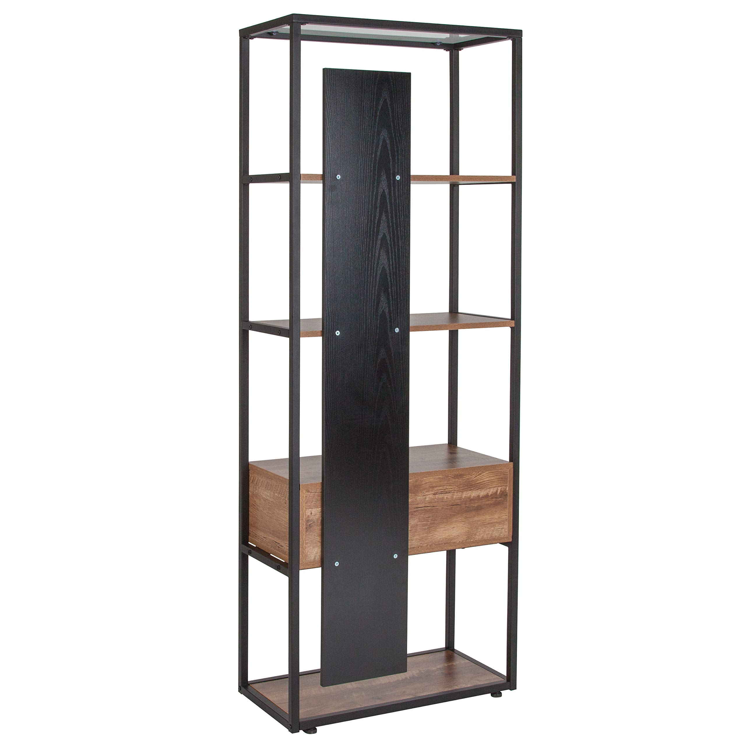 Taylor + Logan 4 Shelf 65.75 Inch Bookcase with Drawer in Rustic Wood Grain Finish