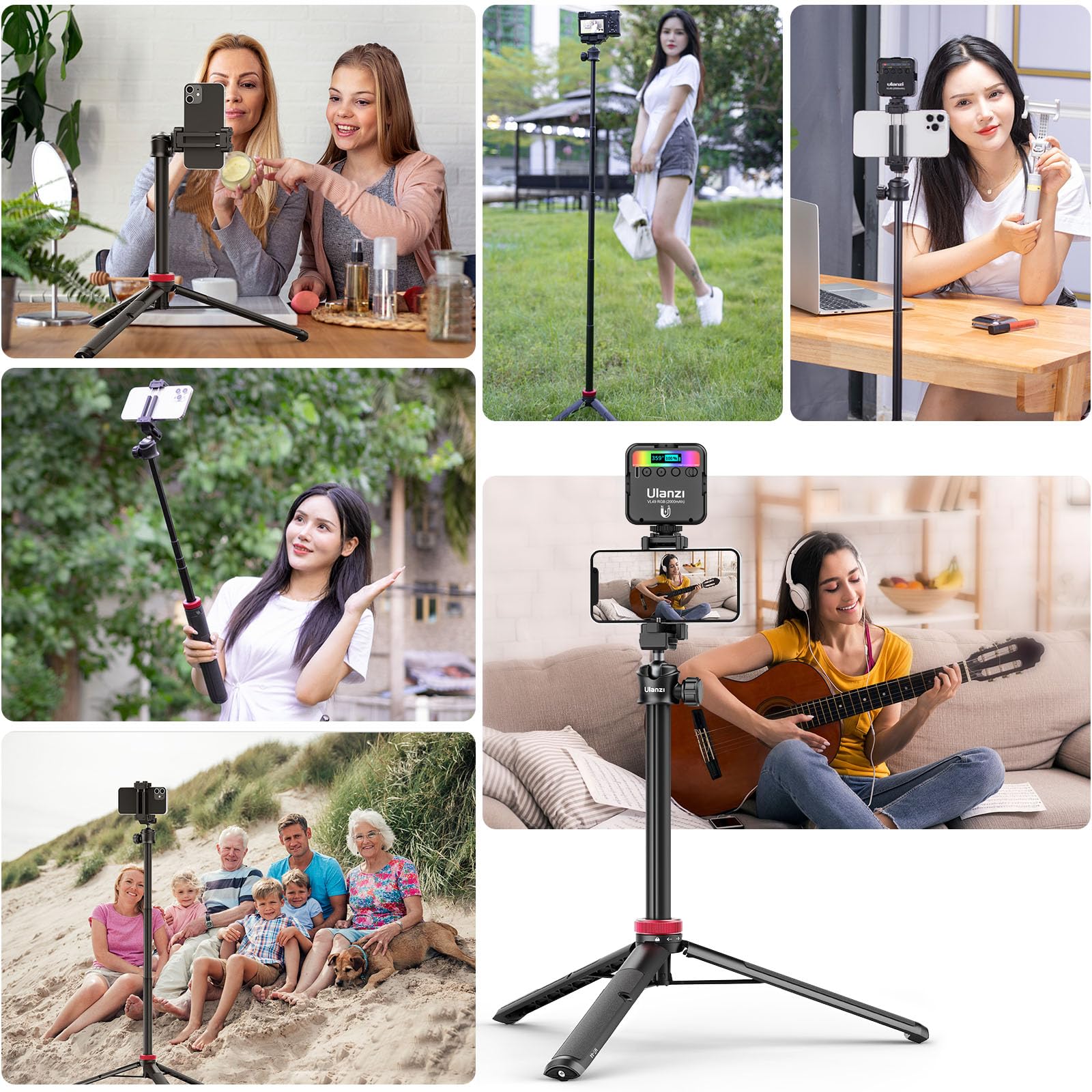 ULANZI MT-44 Extendable Phone Tripod, 59" Selfie Stick Phone Vlog Tripod Stand with 2 in 1 Phone Clip, 360° Ball Head Camera Tripod for iPhone Sony Canon Action Camera, Lightweight for Travel