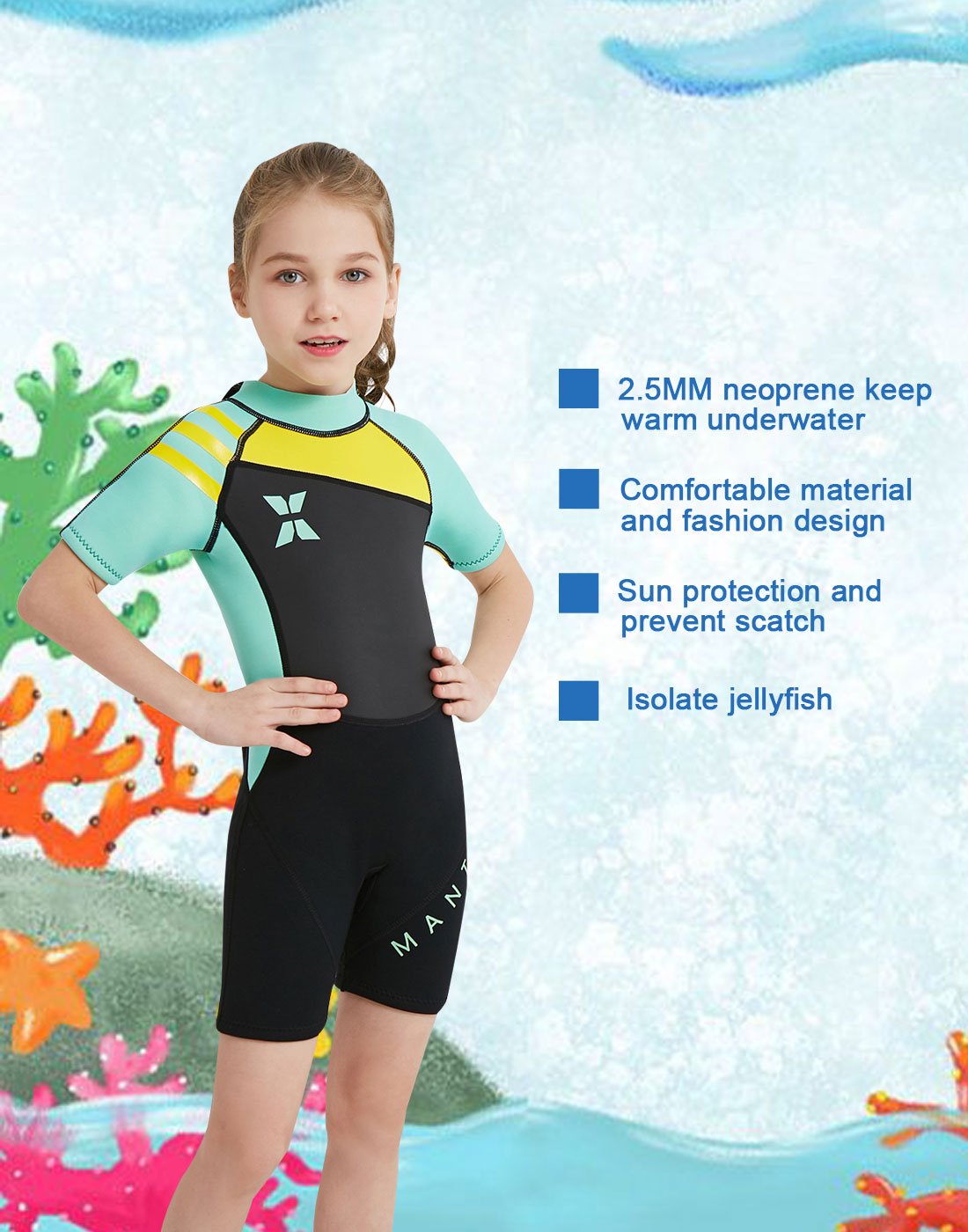 DIVE & SAIL Kids Shorty Suit Short Sleeve Warm Wetsuit 2.5mm Diving Suit Full Suit Back Zipper One Piece Swimsuit Green S