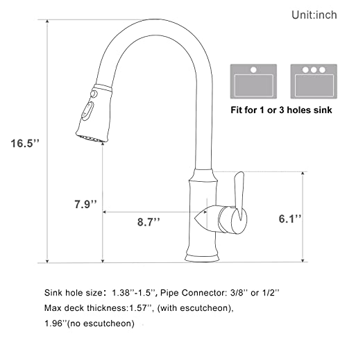Kitchen Sink Faucet, Peppermint 3 Hole Faucet for Kitchen Sink with Pull Down Sprayer Fingerprint Resistant Single Handle Commercial Kitchen Sink Faucet with Nylon Hose, Brushed Nickel
