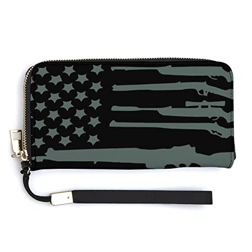 FunnyStar Gun USA Flag Black Women's Long RFID Hand Wallet Wristlet Clutch Purse PU Leather Handbag with Wrist Strap
