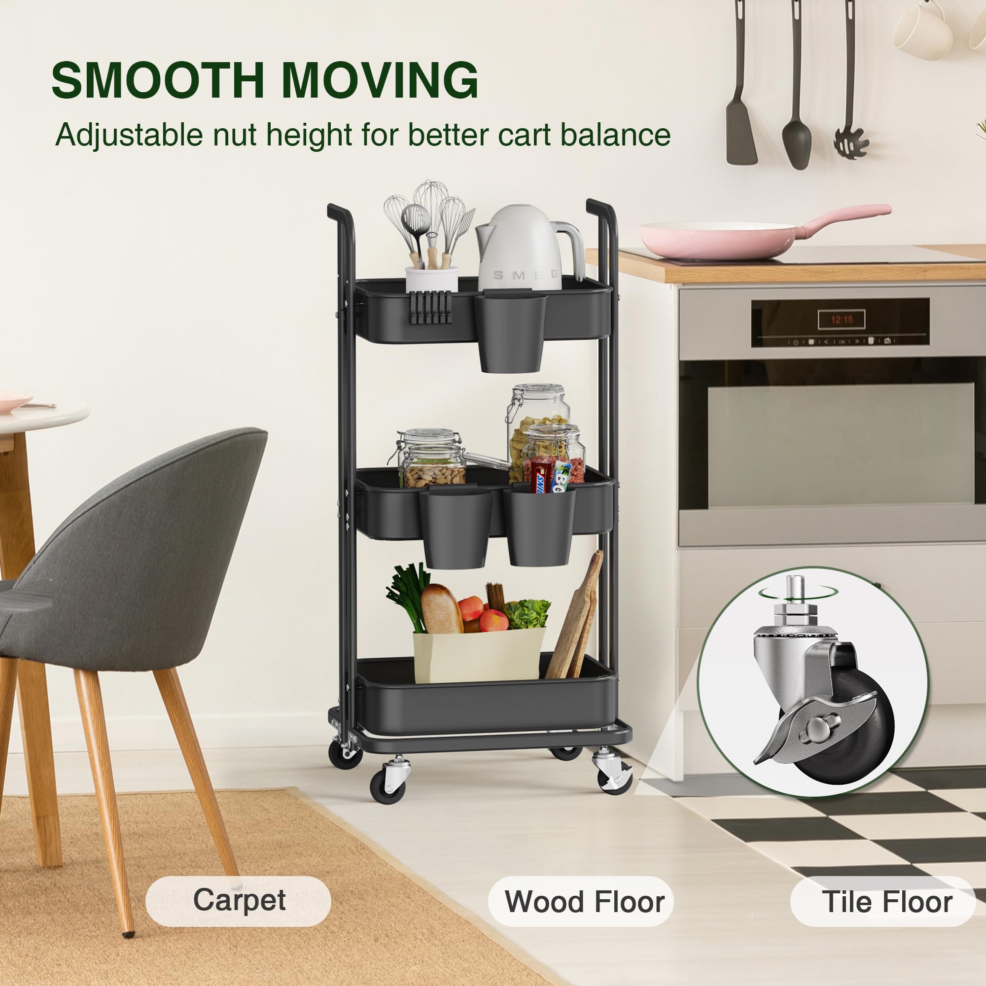 DTK 3 Tier Foldable Rolling Cart, Metal Utility Cart with Lockable Wheels, Folding Storage Trolley, 3 Small Baskets and 6 Hooks for Living Room, Kitchen, Bathroom, Bedroom and Office, Black