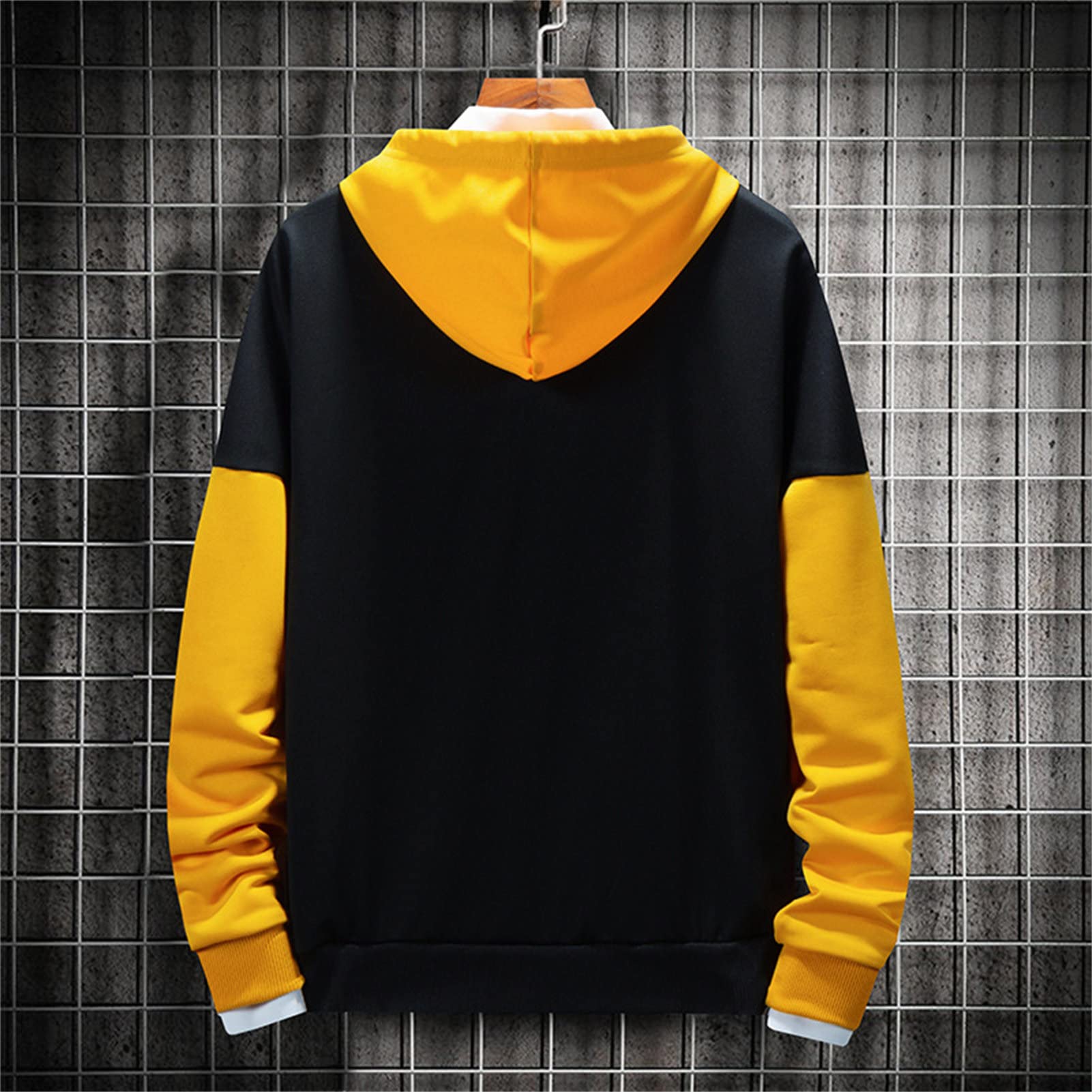 Maiyifu-GJ Men Patchwork Loose Fit Hoodie Pullover Color Block Hip Hop Hooded Sweatshirt Casual Long Sleeve Hoodies Outwear (Yellow,Medium)