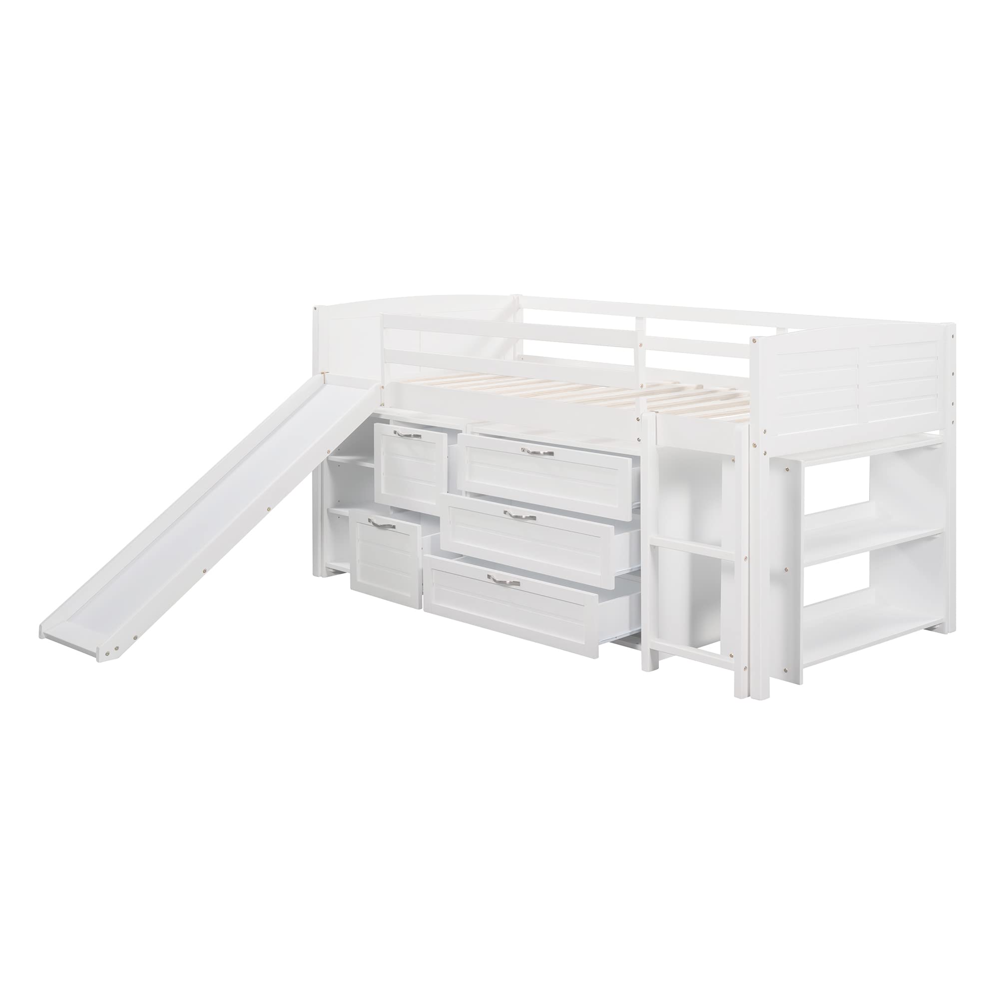 MERITLINE Twin Loft Bed with Slide, Kids Loft Bed with Storage Shelves and Drawers, Wood Low Loft Bed with Cabinet, Twin Size Loft Bed Frame for Living Room, Bedroom (White, New)