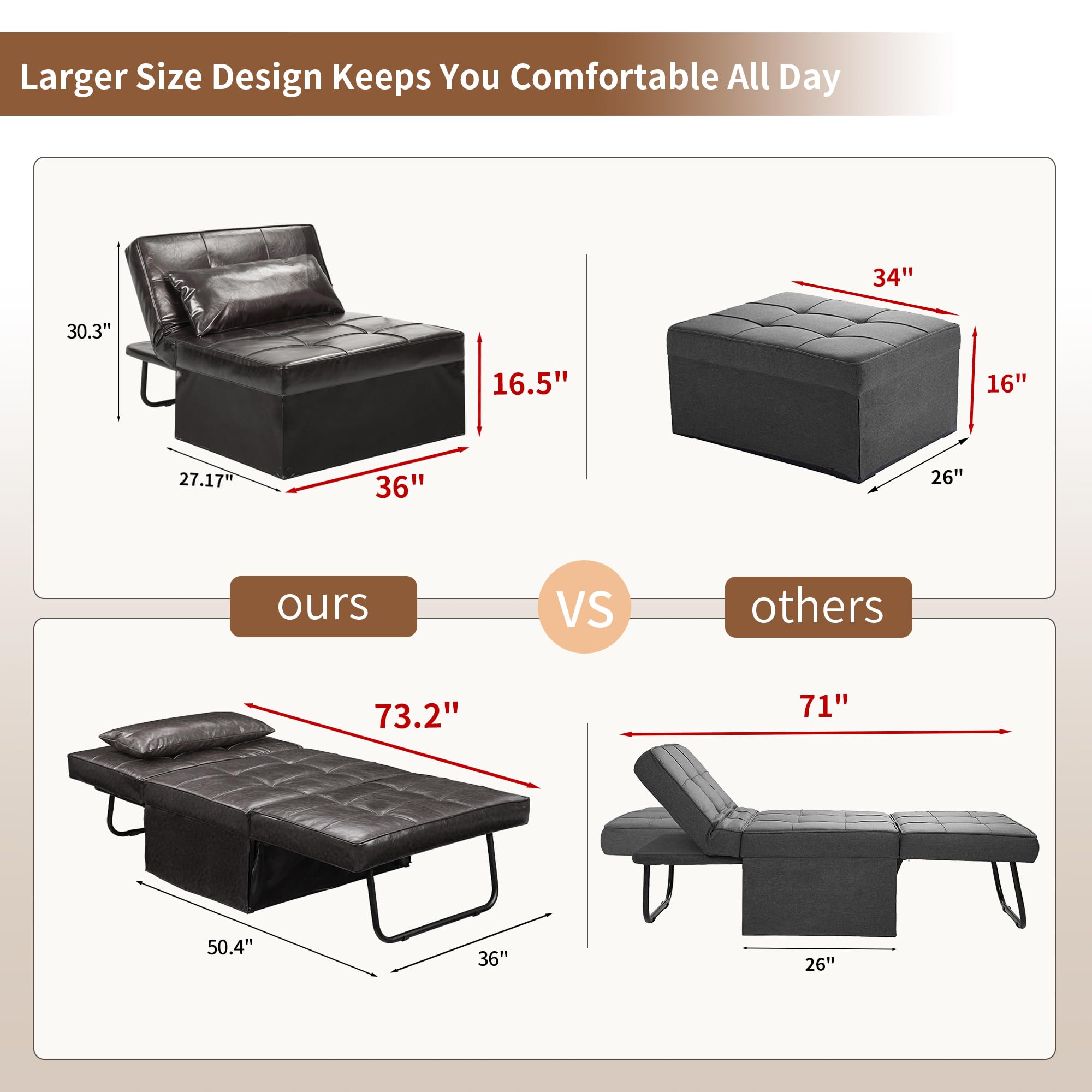 Diophros Sofa Bed, Convertible Chair 4 in 1 Multi-Function Modern Folding Ottoman Guest Bed with Adjustable Sleeper for Small Room Apartment, Large