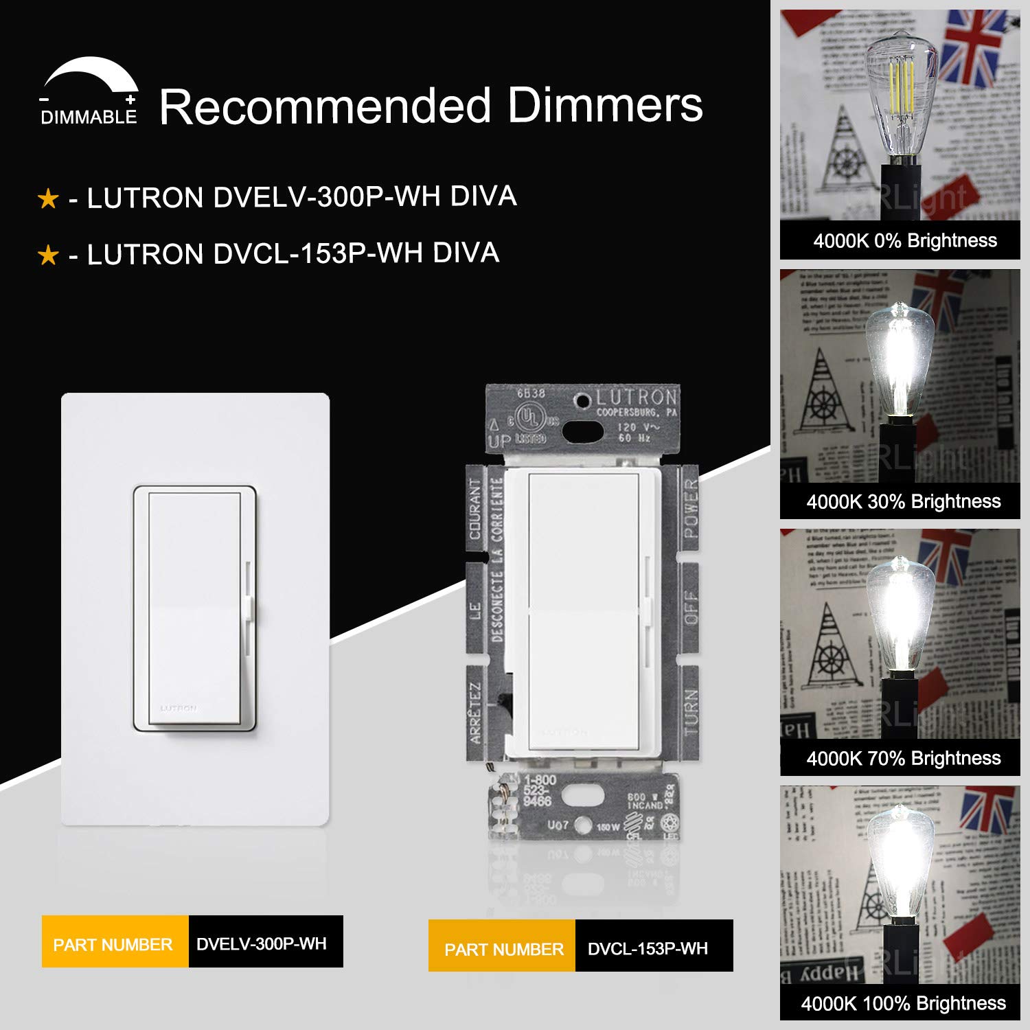 CRLight 4W Candelabra LED Edison Bulb 45W Equivalent 4000K Daylight White 450LM Dimmable, E12 Antique ST48 / ST14 Clear Glass LED Light Bulbs, Pack of 6