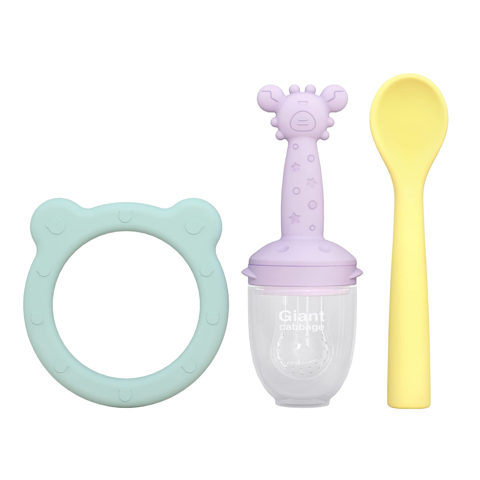 Giant Cabbage Baby Food Fruit Feeder, Silicone Baby Spoons Self Feeding 6 Months, Teething Toys for Babies 6-12 Months, Baby Feeding Supplies Toddler Utensil Teething Pacifier (Purple Yellow Blue)