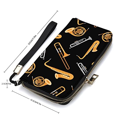 FunnyStar Trombone Trumpet Saxophone Women's Long RFID Hand Wallet Wristlet Clutch Purse PU Leather Handbag with Wrist Strap