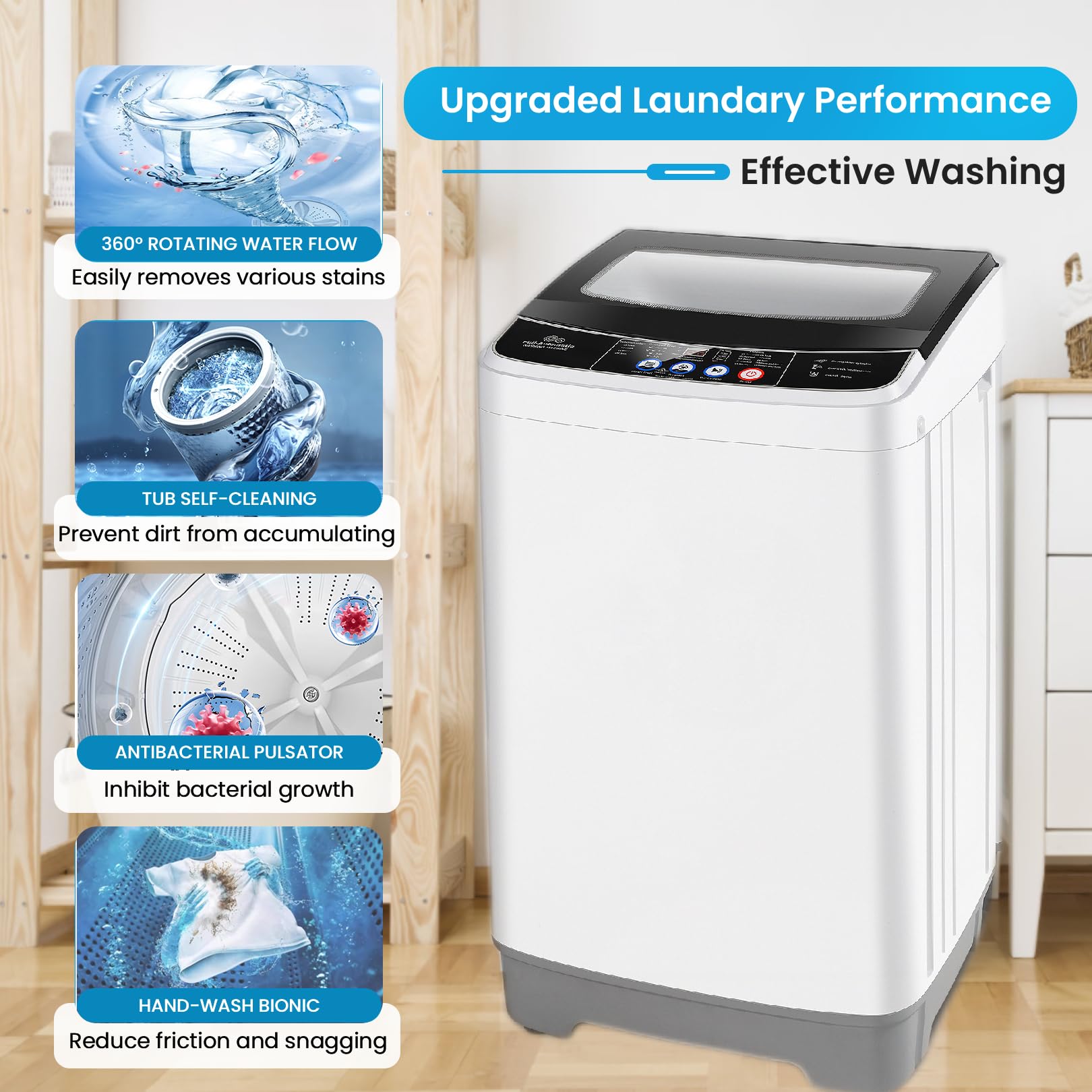 Nictemaw Portable Washing Machine 17.8 Lbs Full Automatic Portable Washer 2.4 Cu.ft Compact Laundry Washer with 10 Programs & 8 Water Levels, Glass Top Lid, Drain Pump, Ideal for Apartment, Home, RVs