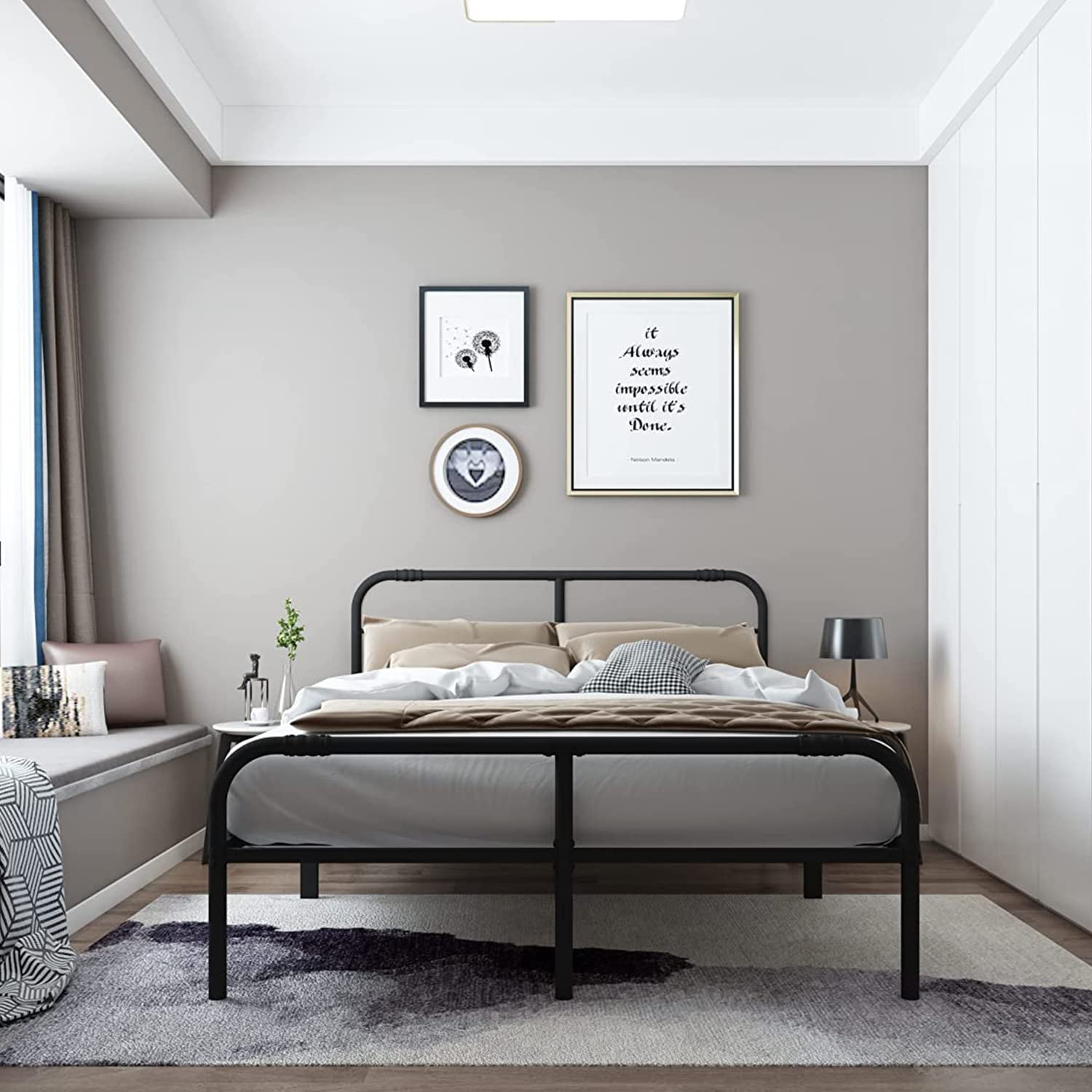 Emiosmt King Size Bed Frame with Headboard and Footboard 14 Inch Tall,2500lbs Heavy Duty Steel Slat Support Metal Platform,No Box Spring Needed,Noise Free,Round Tube,Bed Frame for King