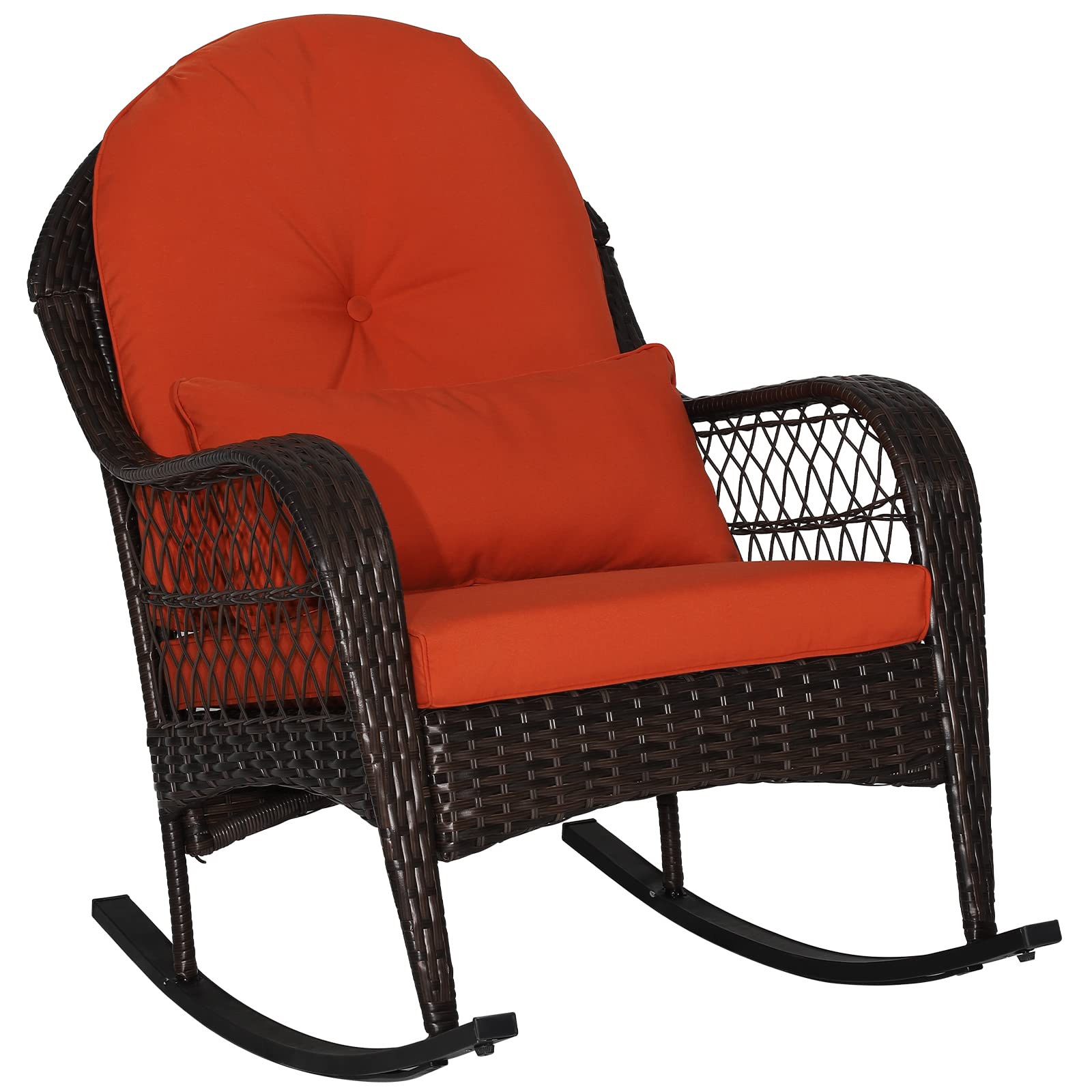 Tangkula Outdoor Wicker Rocking Chair, Patio Rattan Rocker with Seat Back Cushions & Waist Pillow, Sturdy Metal Frame, Mix Brown Outdoor Rocker for Balcony, Porch, Backyard (1, Orange)