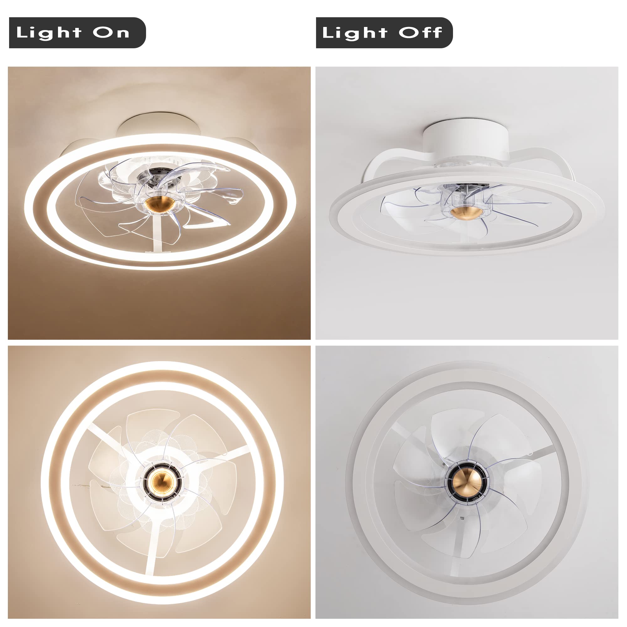 EKIZNSN 20'' Bladeless Modern Indoor Flush Mount Ceiling Fan with Lights and Remote, APP Control White Low Profile Ceiling Fans for Bedroom/Small Room