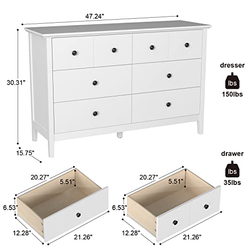 LYNSOM Dresser for Bedroom, Modern White Dresser with Deep Drawers, 6 Drawer Double Dresser with Black Knobs and Solid Wood Legs