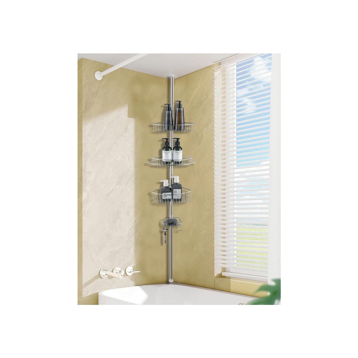 J&V TEXTILES Rustproof Shower Caddy Corner for Bathroom,Bathtub Storage Organizer for Shampoo Accessories,4-Tier Adjustable Shelves with Tension Pole (Chrome)