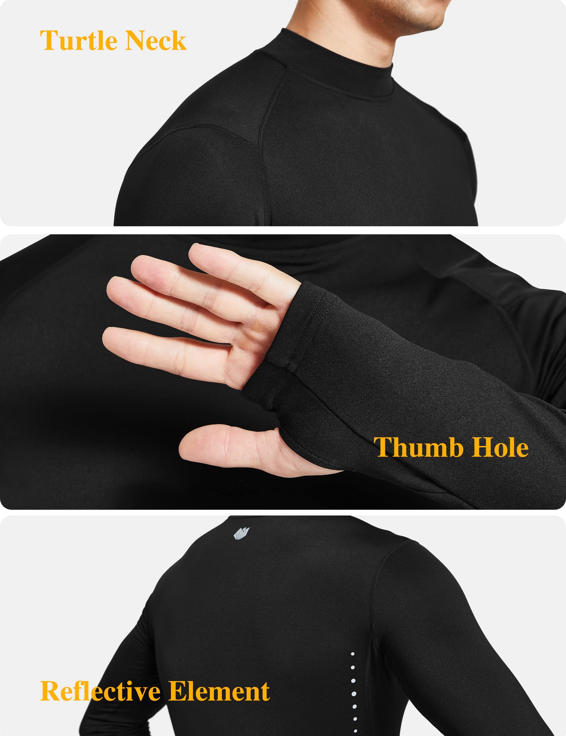 FitsT4 Sports Men's Thermal Fleece Lined Mock Neck Baselayer Tops Long Sleeve Running Athletic Shirt with Thumbholes Black L