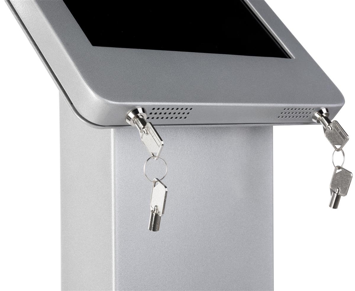 Displays2go iPad Pro Floor Stand with Poster Holder, Aluminum, Acrylic – Silver (IPROSGNSV2)