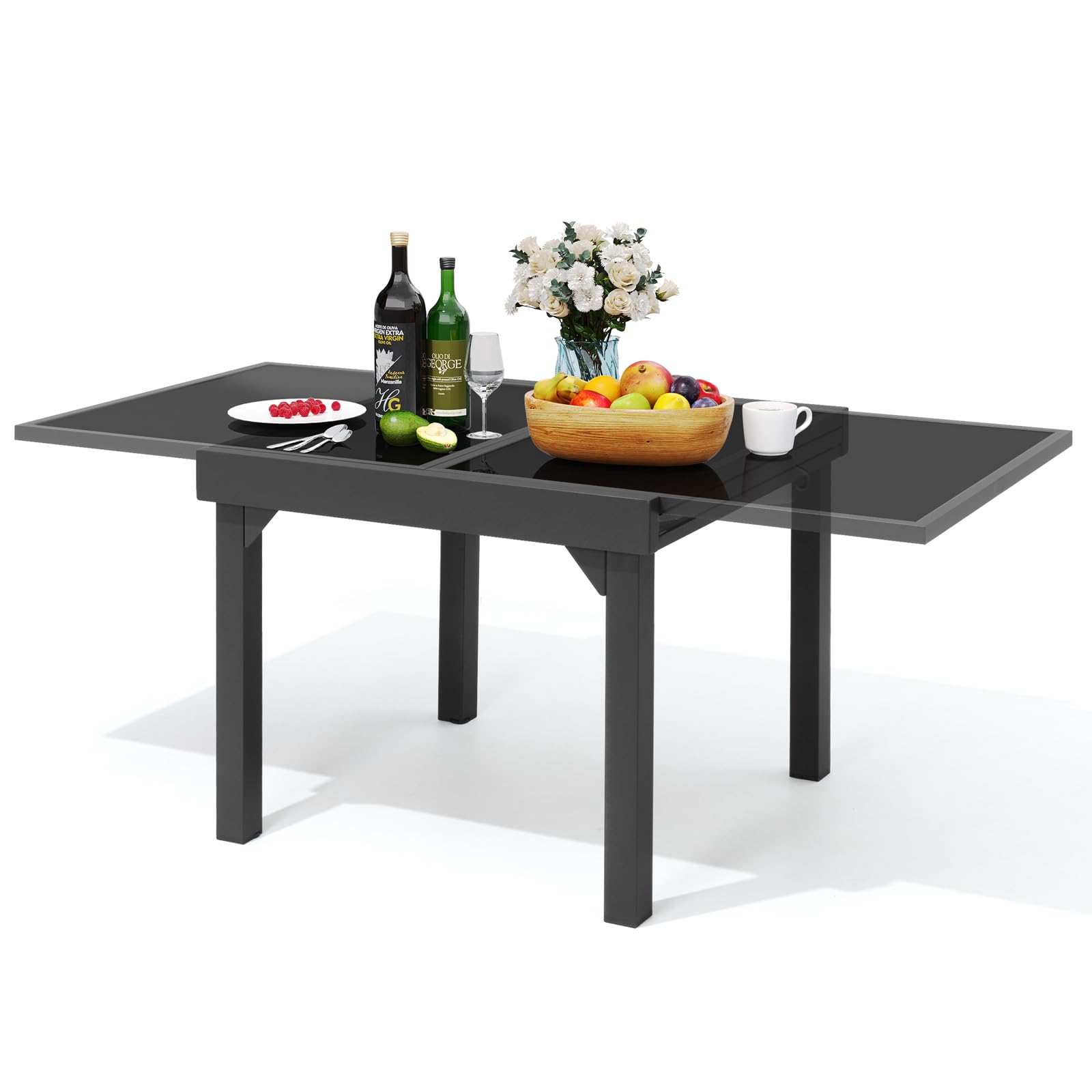 PATIOHIT Modern Aluminum Outdoor Dining Table - Expandable Patio Glass Dining Table for 6-8, Extendable Aluminum Patio Extender Table 35" to 70" for Backyard, Porch, Deck, Garden - Dark Grey