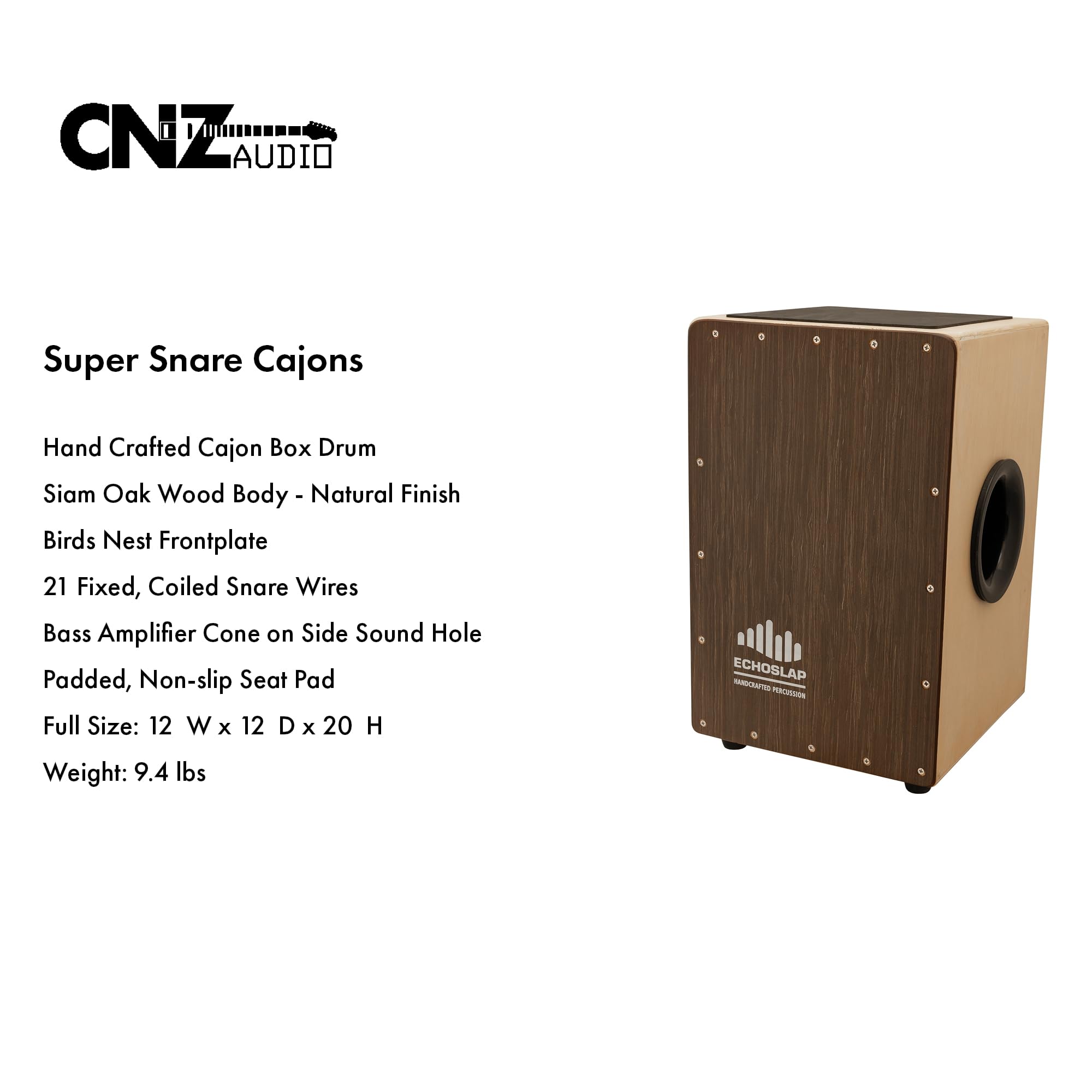 Echoslap Super Bass Cajon - Brazilian Rosewood, Bass Amplifier Side Port, 21 Coiled Snare Wires, Hand Crafted Cajon Box Drum
