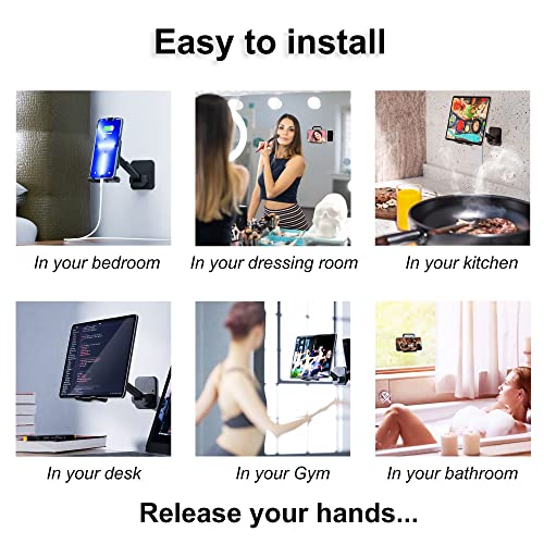 MLUOVI Wall Mount Phone Holder 2PCS Phone Wall Mount, Extendable Adjustable Cellphone Stand for Desk Mirror Bathroom Kitchen Bedroom Office Compatible with All Phone or Mini Pad (Black)