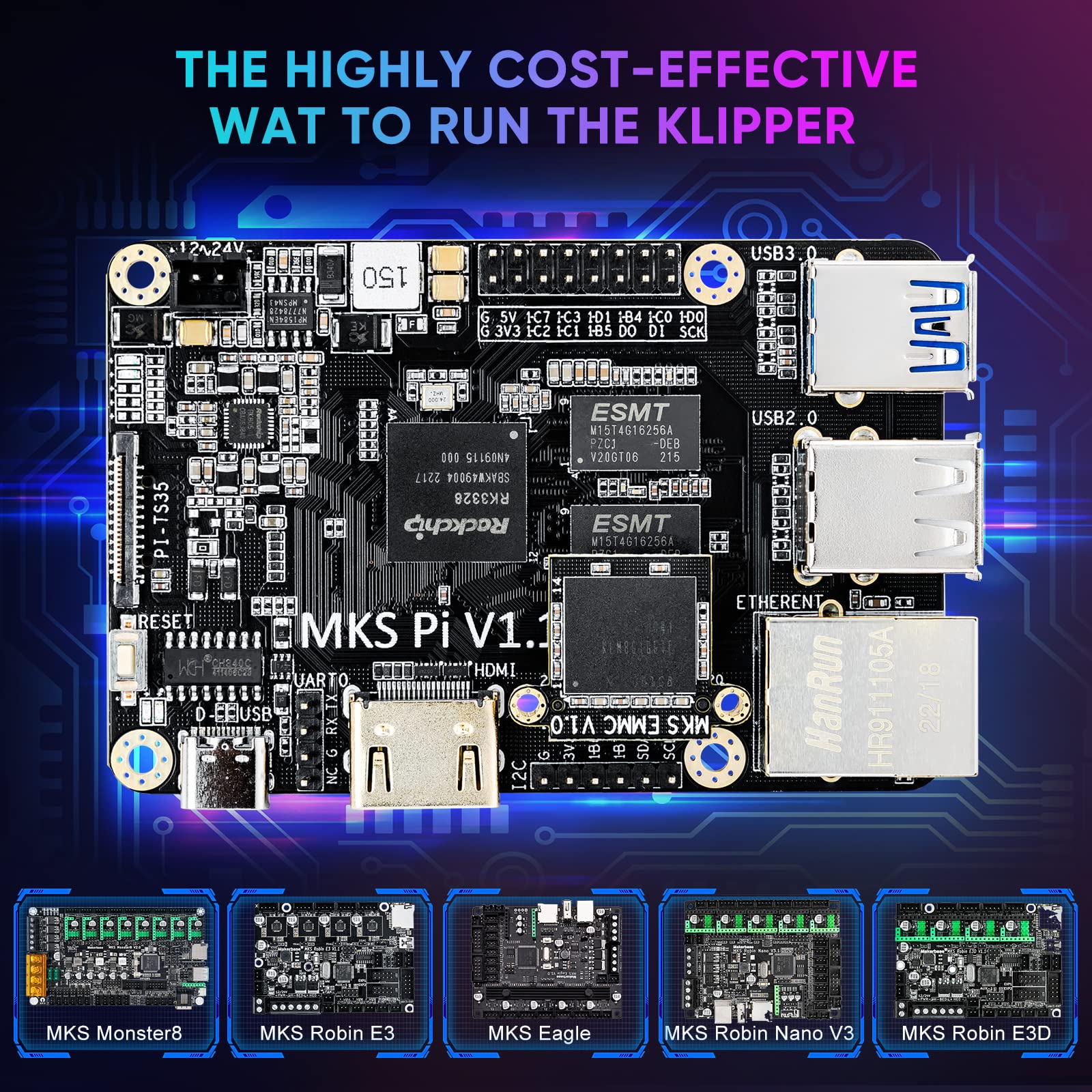 Makerbase MKS PI V1.1 Conrtrol Board DC12/24V 15W with PI-TS35 Touch Screen SOC Runs RK3328 Upgrade Klipper for Voron VS Raspberry Pi and Ender 3D Printer Mainborad for Creality