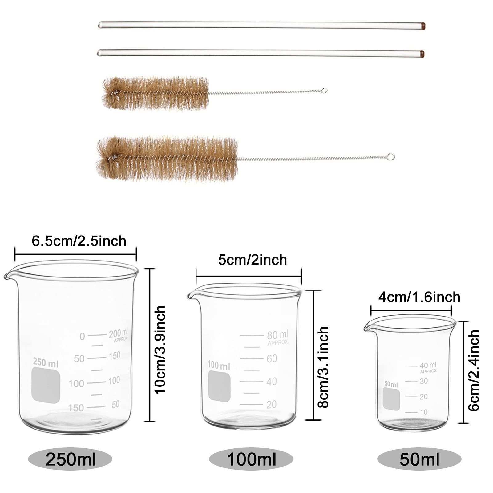 Thick Glass Graduated Measuring Cylinder Set 5ml 10ml 50ml 100ml Glass Measuring Beaker Set 50ml 100ml 250ml with 2 Glass Stirring Rods 12’’ Long 1/4’’ Diameter and 2 Brushes
