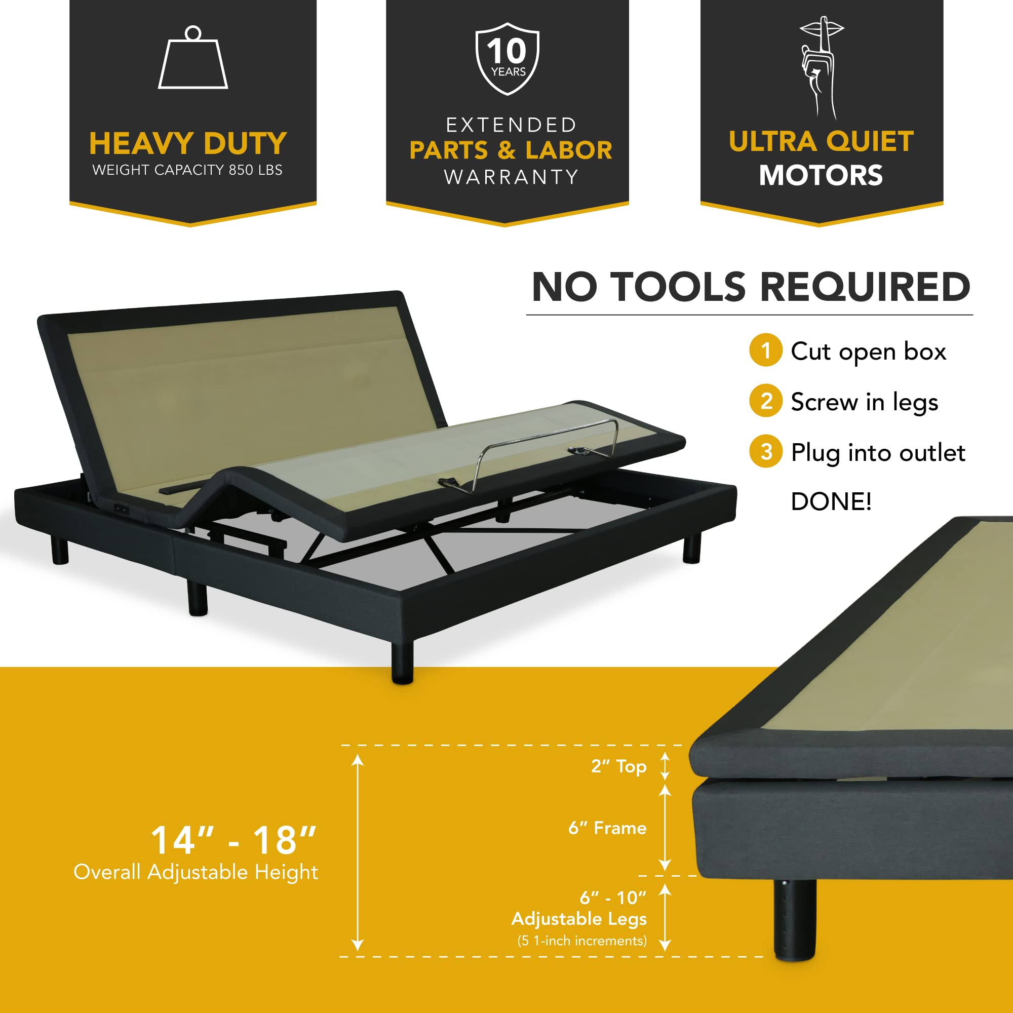 DynastyMattress DM9000s King Adjustable Bed Base Frame, Top of The Line Quality, (Independent Head Tilt & Lumbar Support) Quad Massage, Bluetooth, Audio Music (King with Setup)