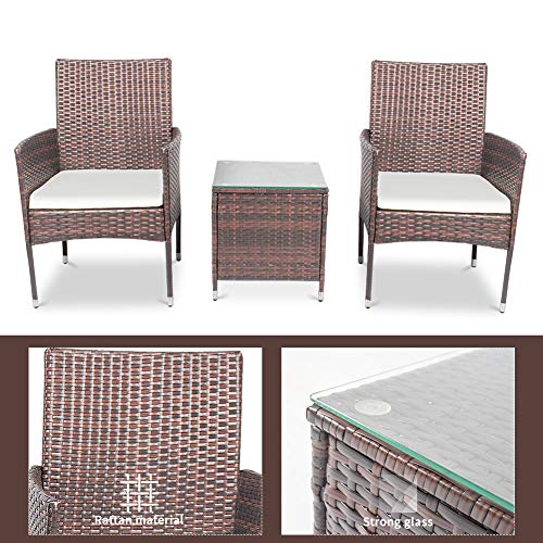 Recaceik, 2 upholstered top Dining (Brown) Patio, 3 Piece Set Outdoor Space-Saving Rattan Glass Tables and Chairs