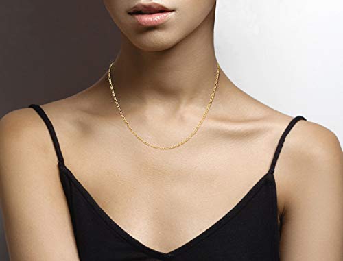 Miabella Solid 18K Gold Over Sterling Silver Italian 2.3mm Diamond-Cut Figaro Link Chain Necklace for Women Men, 925 Made in Italy (Length 18 Inch (Small))