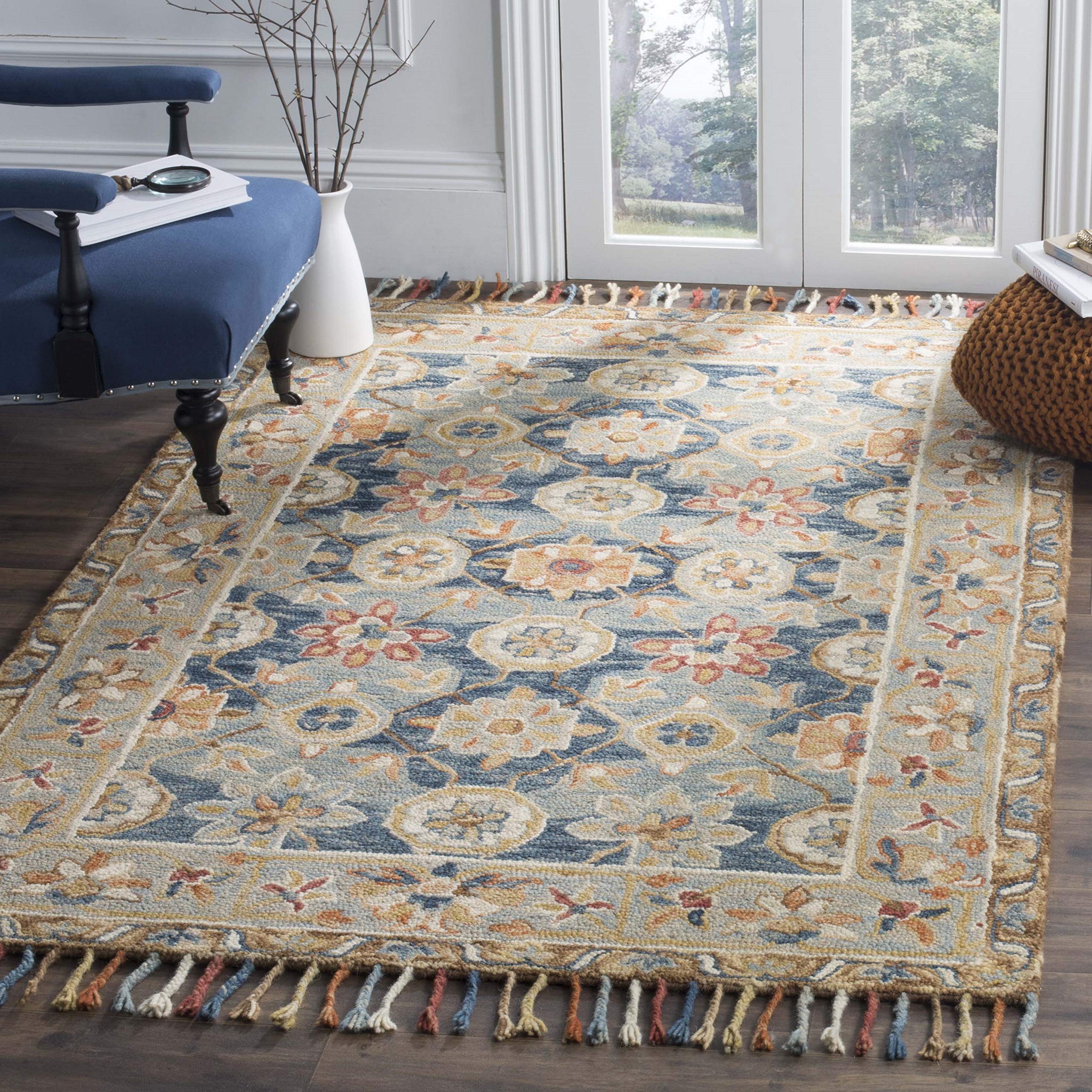 SAFAVIEH Aspen Collection Area Rug - 8' x 10', Grey & Navy, Handmade Boho Braided Tassel Wool, Ideal for High Traffic Areas in Living Room, Bedroom (APN110A)
