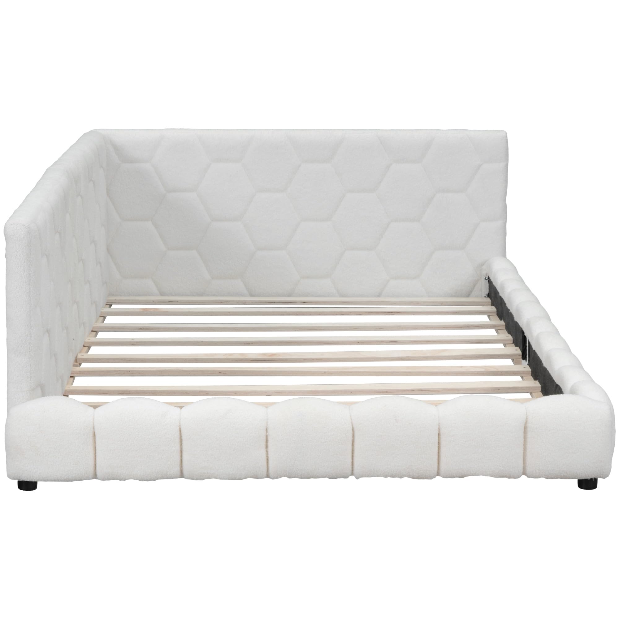 DNYN Upholstered Full Size Daybed with USB Port & Led Design,Teddy Fabric Platform Bed w/Wood Slat Support & No Box Spring Needed & Easy Assembly,Perfect for Bedroom,Livingroom,Guest Room, White