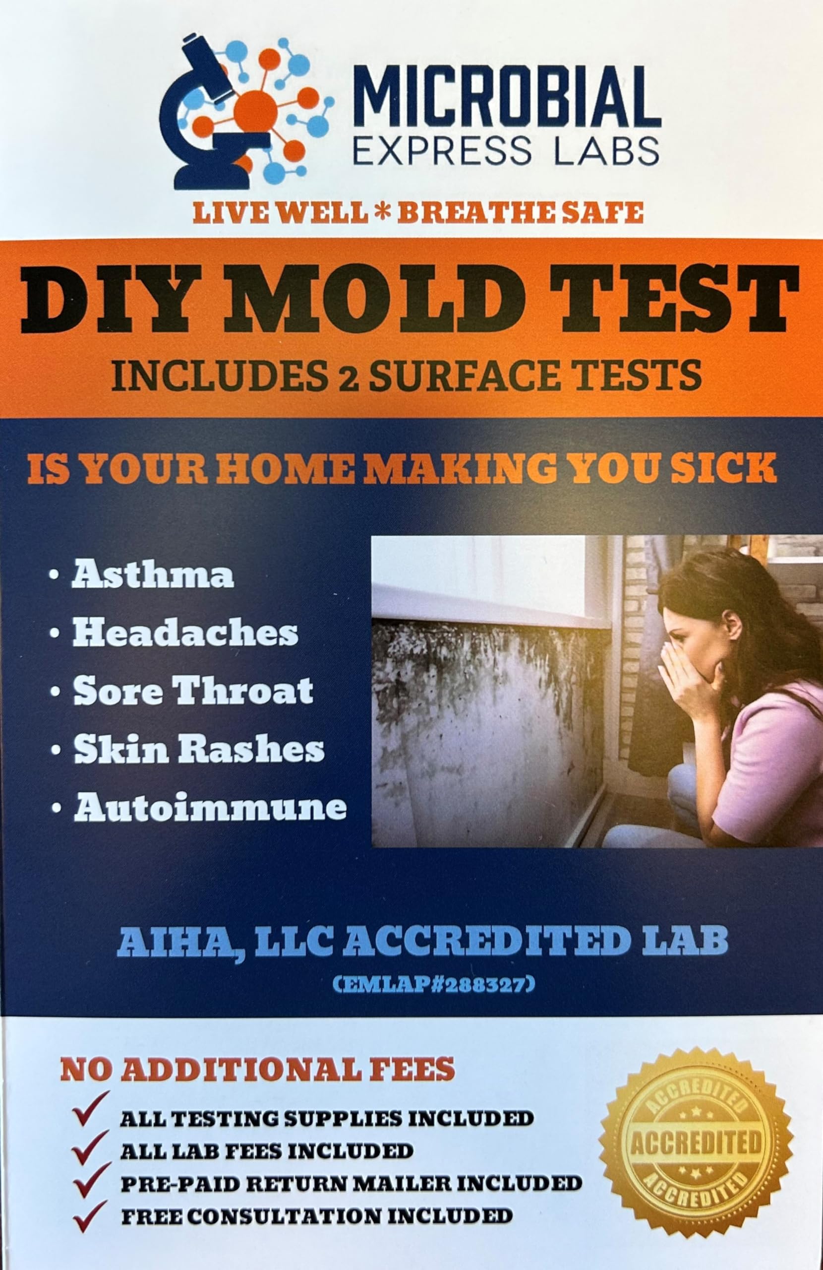 Microbial Express Labs DIY Mold Test KIT (2 Tests). Shipping/Lab Fees Included. AIHA Accredited and Texas Licensed.