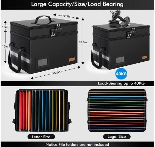 Fireproof Document Bag, Waterproof 3-Layer File Organizer with Lock, Travel Safe Money Bag with Shoulder Strap Portable Filing Storage Box for Important Valuables Certificates,Documents,Black