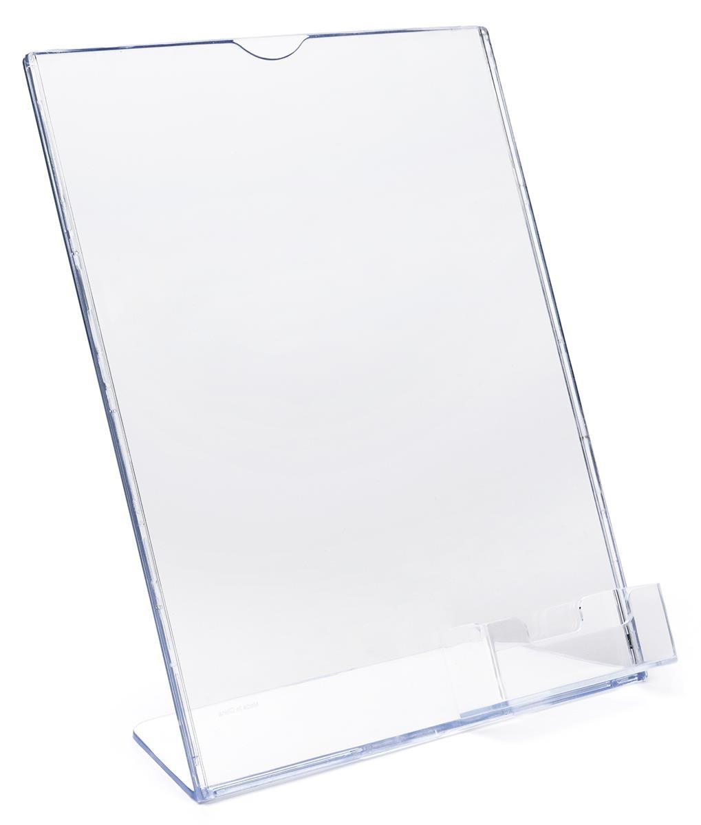 Displays2go Set of 6, Slanted Plastic Sign Frame with Attached Business Card Holder For Desktop Use, Clear Injection Molded Tabletop Sign Holder, Top Loading