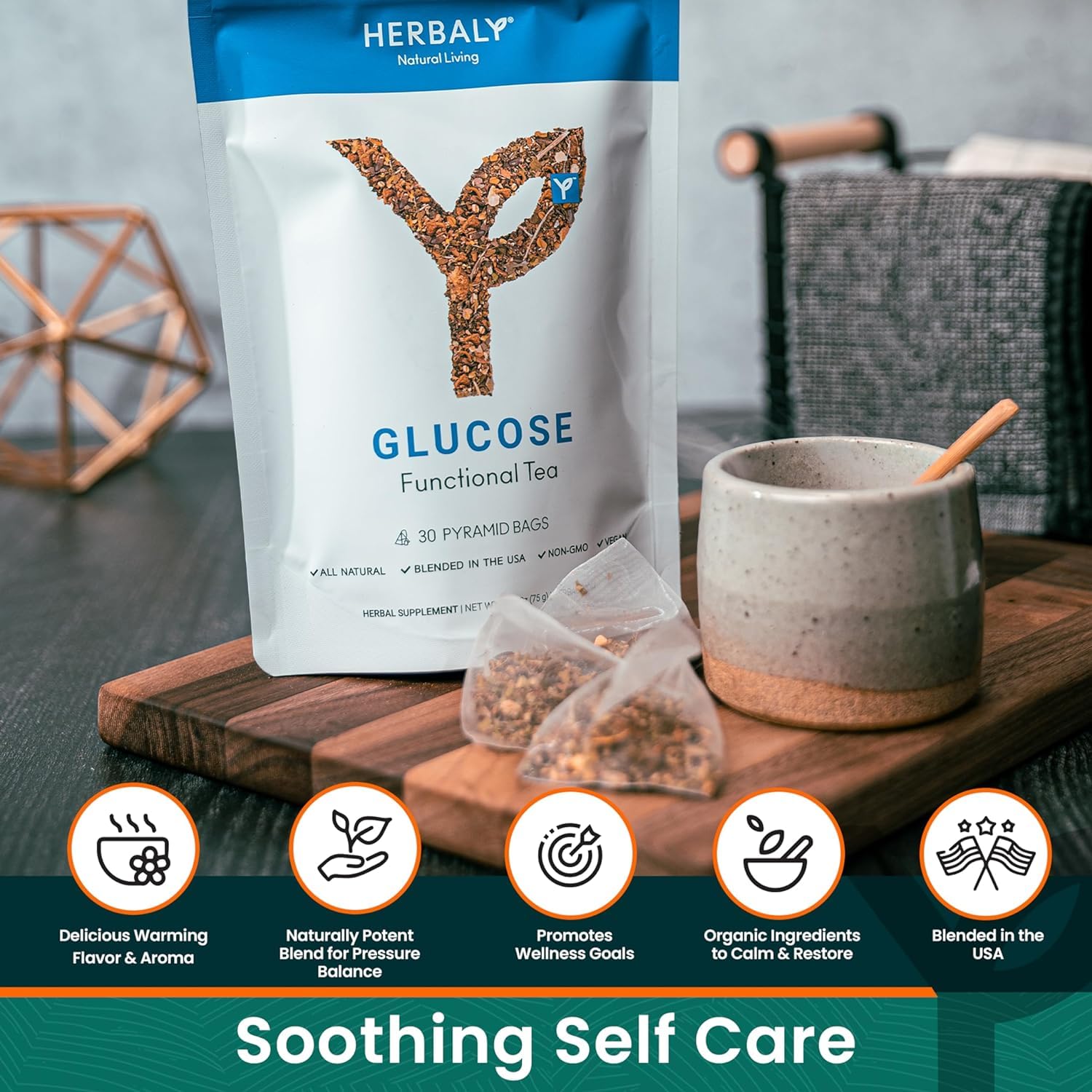 Herbaly Glucose Functional Tea - Vitality & Wellness - Gymnema Sylvestre, Ceylon Cinnamon, Bitter Melon, Dandelion Root, Fenugreek - Daily Teas - 1 Pack, 30 Plant-Based Pyramid Tea Bags
