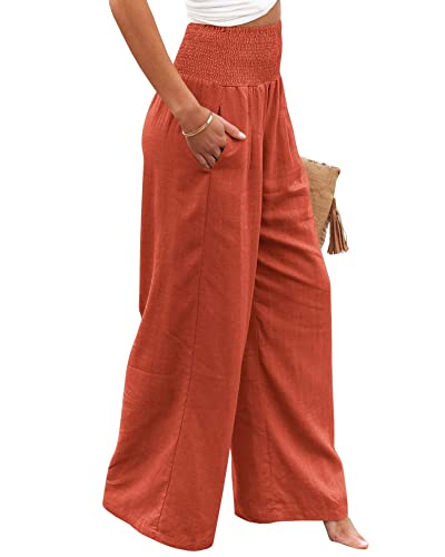 uSecee Linen Pants for Women Elastic High Waisted Wide Leg Palazzo Pants Casual Loose Long Lounge Pant Trousers with Pockets Orange