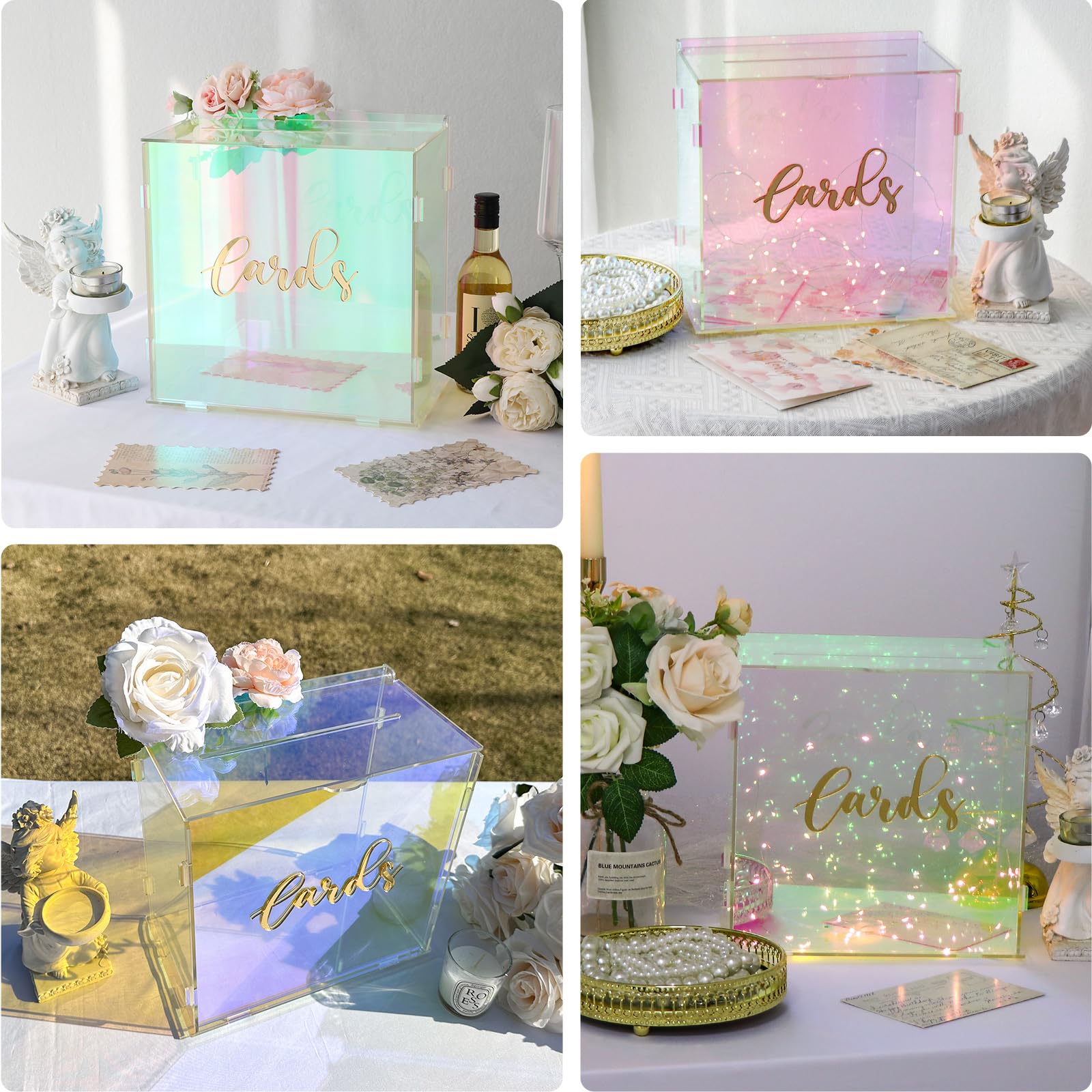 OurWarm Iridescent Acrylic Wedding Card Box with String Light, DIY Gift Card Box for Wedding Reception, Wedding Envelope Money Card Box Holder for Party Graduation Baby Shower Birthday Decorations