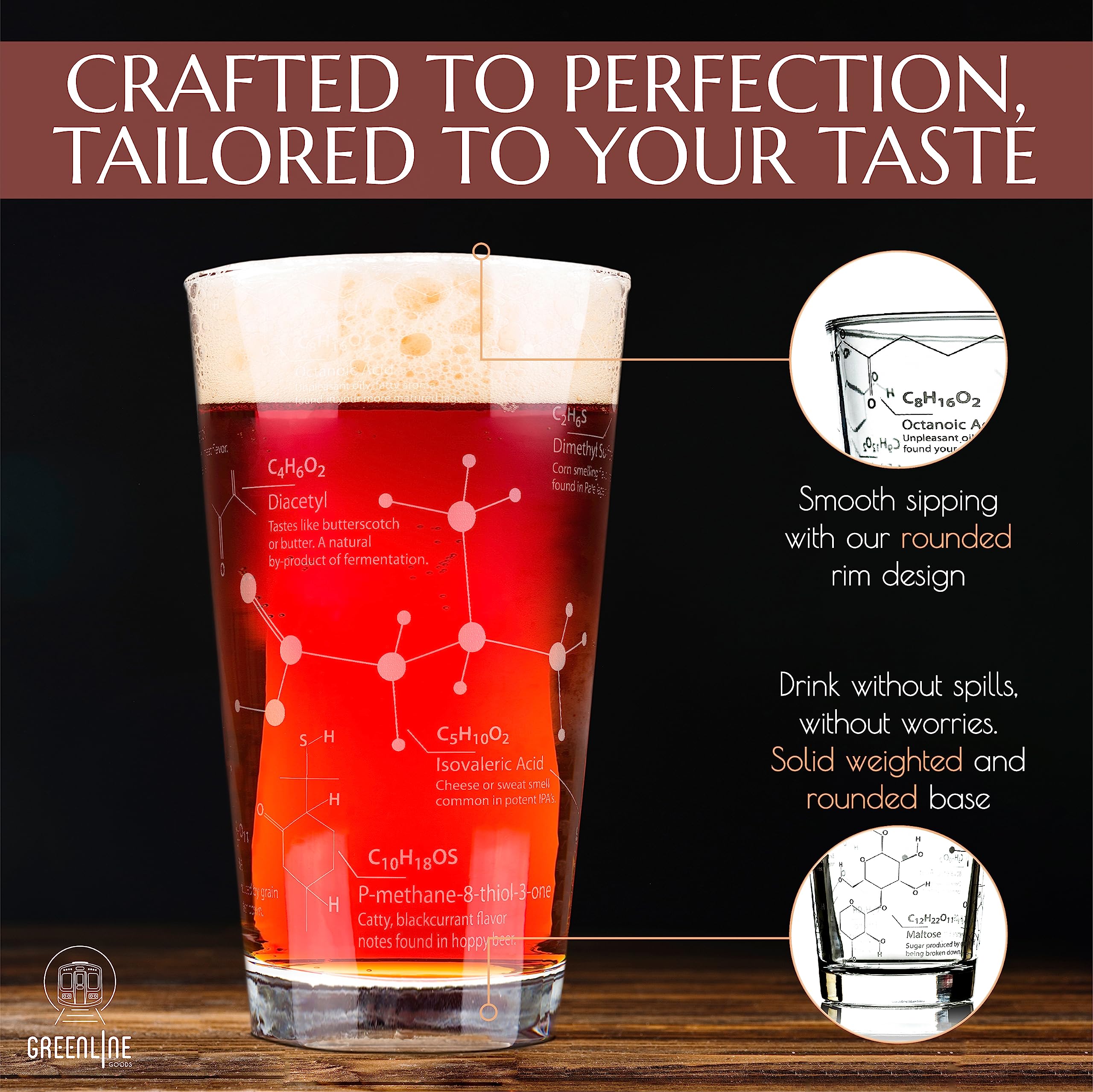 Greenline Goods Beer Glasses - 16 oz Pint Glass (1 Glass) β Science of Beer Glassware - Etched with Beer & Hops Chemistry Molecules