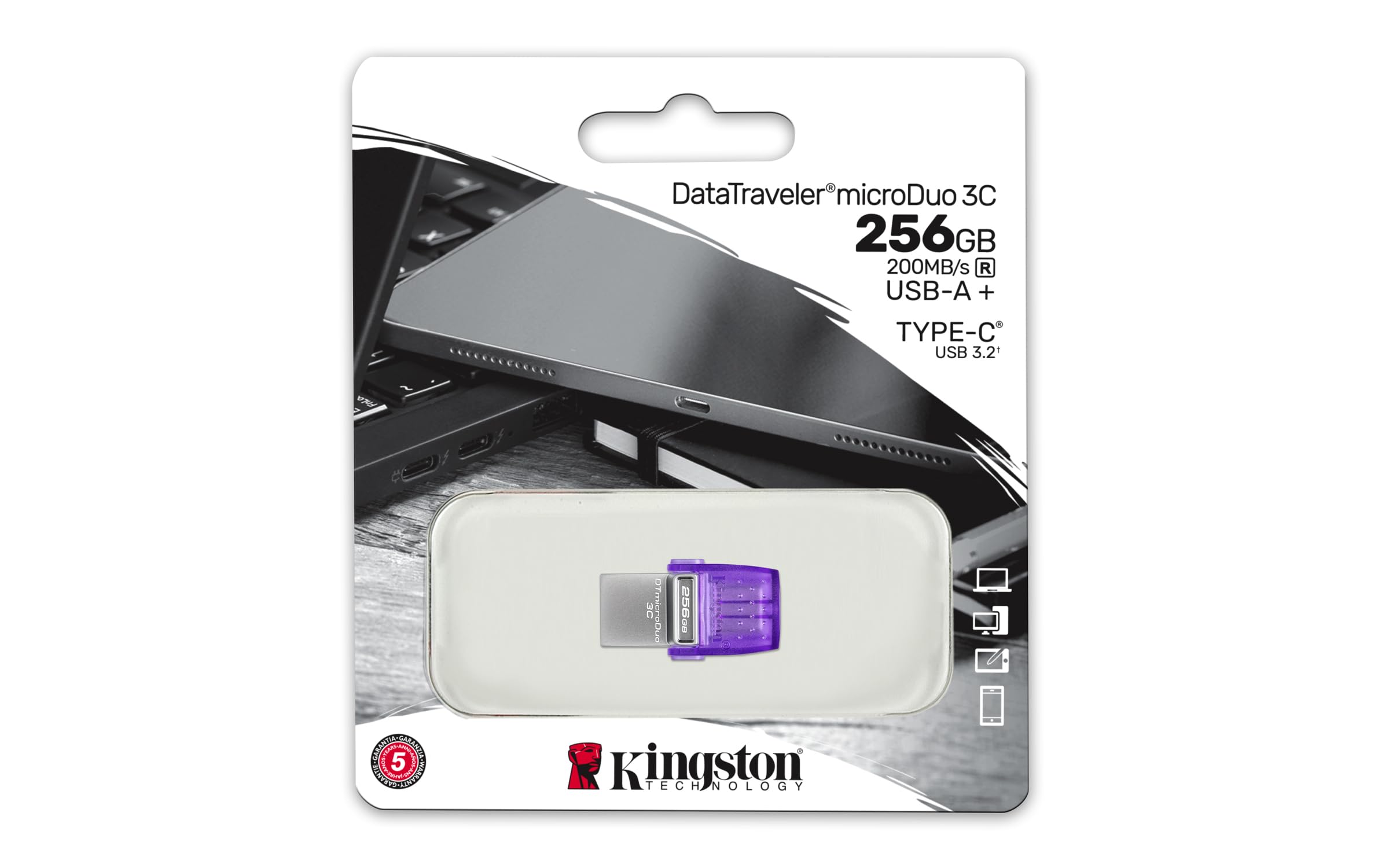Kingston DataTraveler microDuo 3C 256GB USB-C & USB-A Flash Drive | Speeds up to 200 MB/s | USB 3.2 Gen 1 | Duo Connector | DTDUO3CG3/256GB