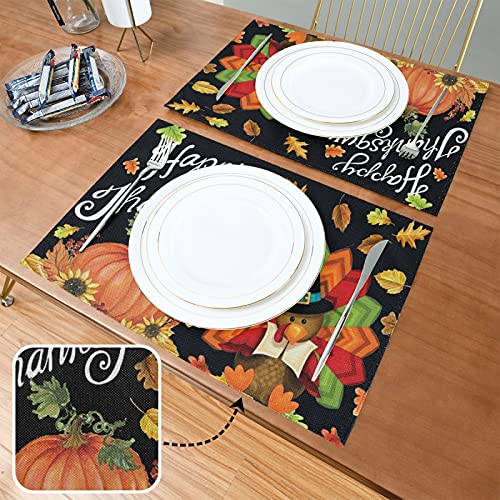 Wusikd Happy Thanksgiving Pumpkin Turkey Sunflower Placemats Set of 4 Table Mat Autumn Leaf Place Mat Non Slip Stain Heat Resistant Double-Sided Print 12" x 18" Dining Home Kitchen Table Decoration