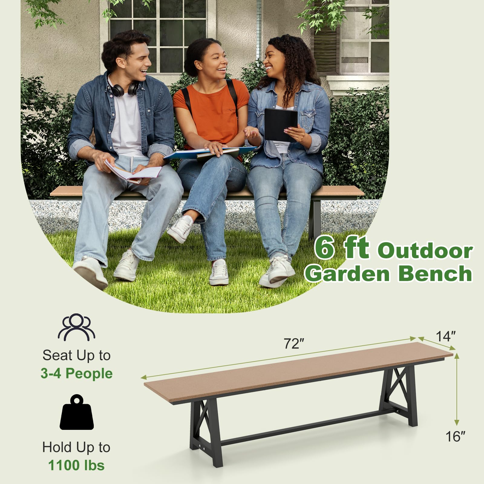 Giantex Outdoor Bench, 3-4 Person Garden Bench, 72" Long Patio Bench with Metal Frame, 1100 LBS Capacity, Weatherproof Backless Park Bench, Outside Dining Bench for Lawn, Front Porch, Backyard