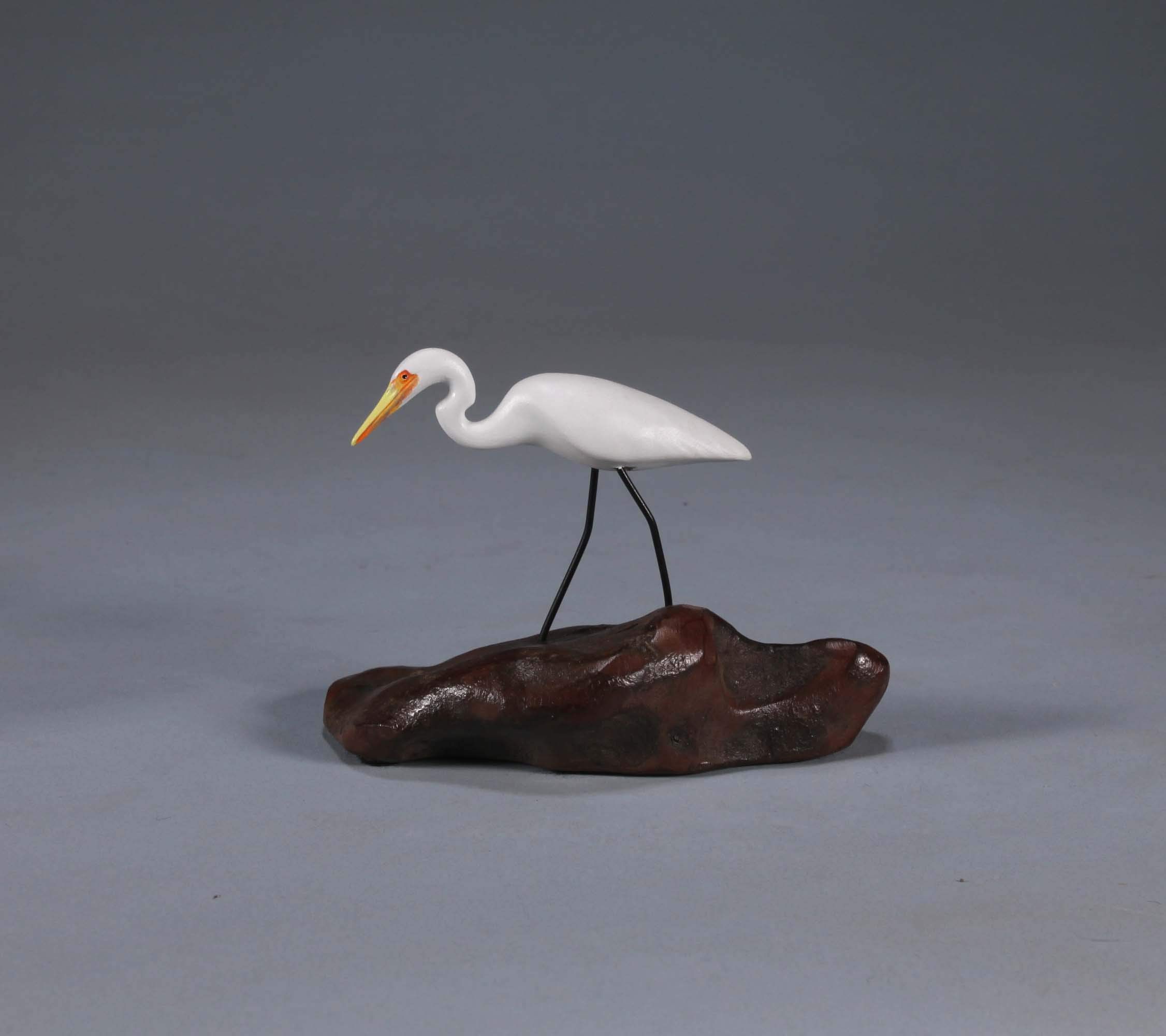 Egret sculpture by John Perry 4 inches tall on burlwood base Hunting version Statue Figurine