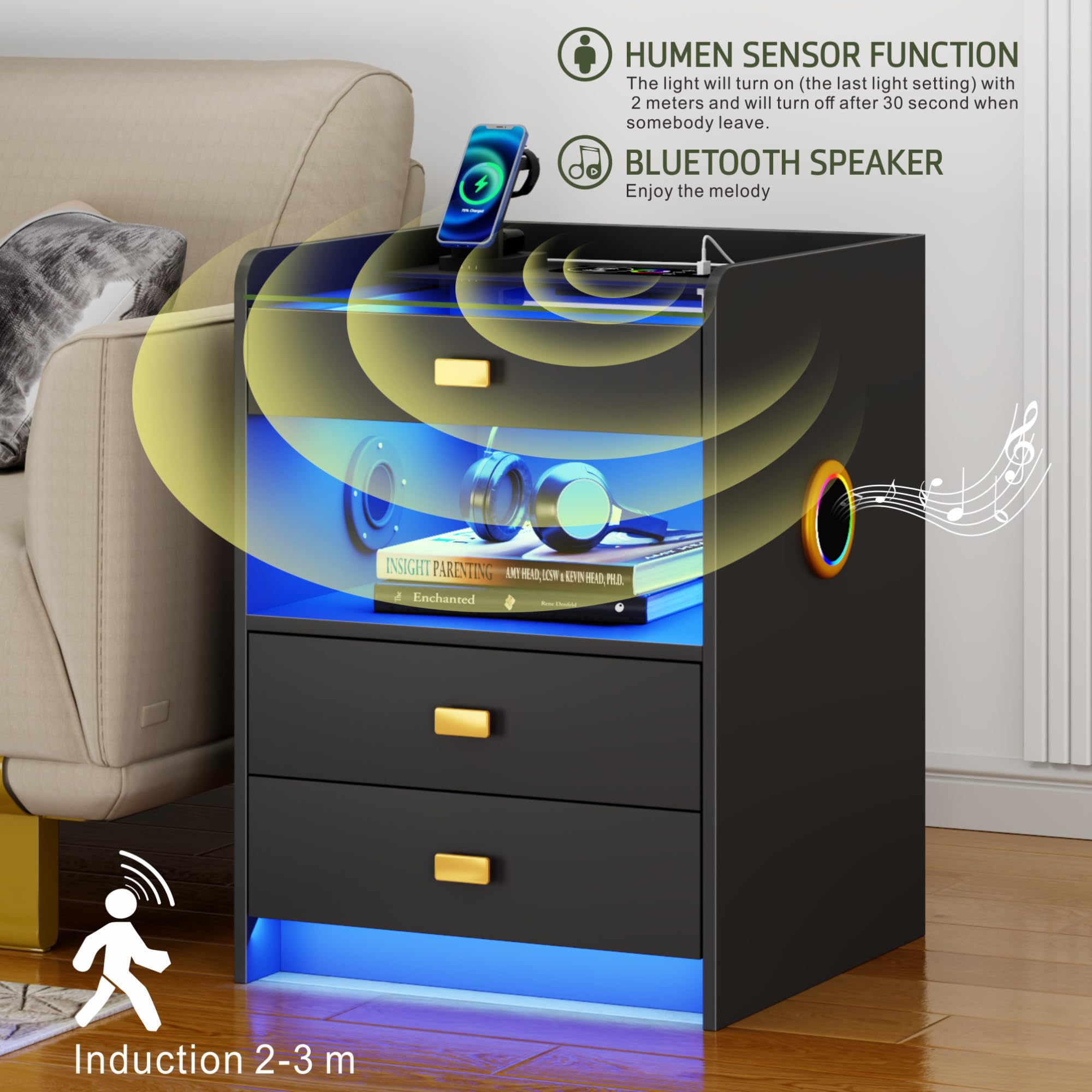 Nightstands with LED Lights, Smart Night Stand with Bluetooth Speakers & Body sensors, Modern Side Tables with Wireless Charging Stations,Black Bedside Table with Drawers (Black)