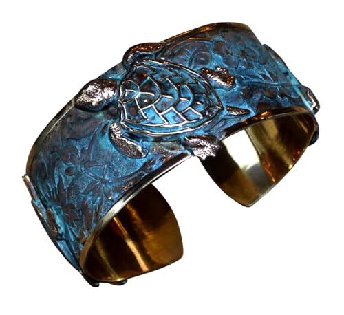 Elaine Coyne Jewelry | Sea Turtle Bracelet for Women, Adjustable Brass Cuff Bracelet for Women, Artisan Classic Jewelry Turtle Cuff/Arm Cuff Made of Verdigris Patina Brass | Elaine Coyne Cuff Bracelet