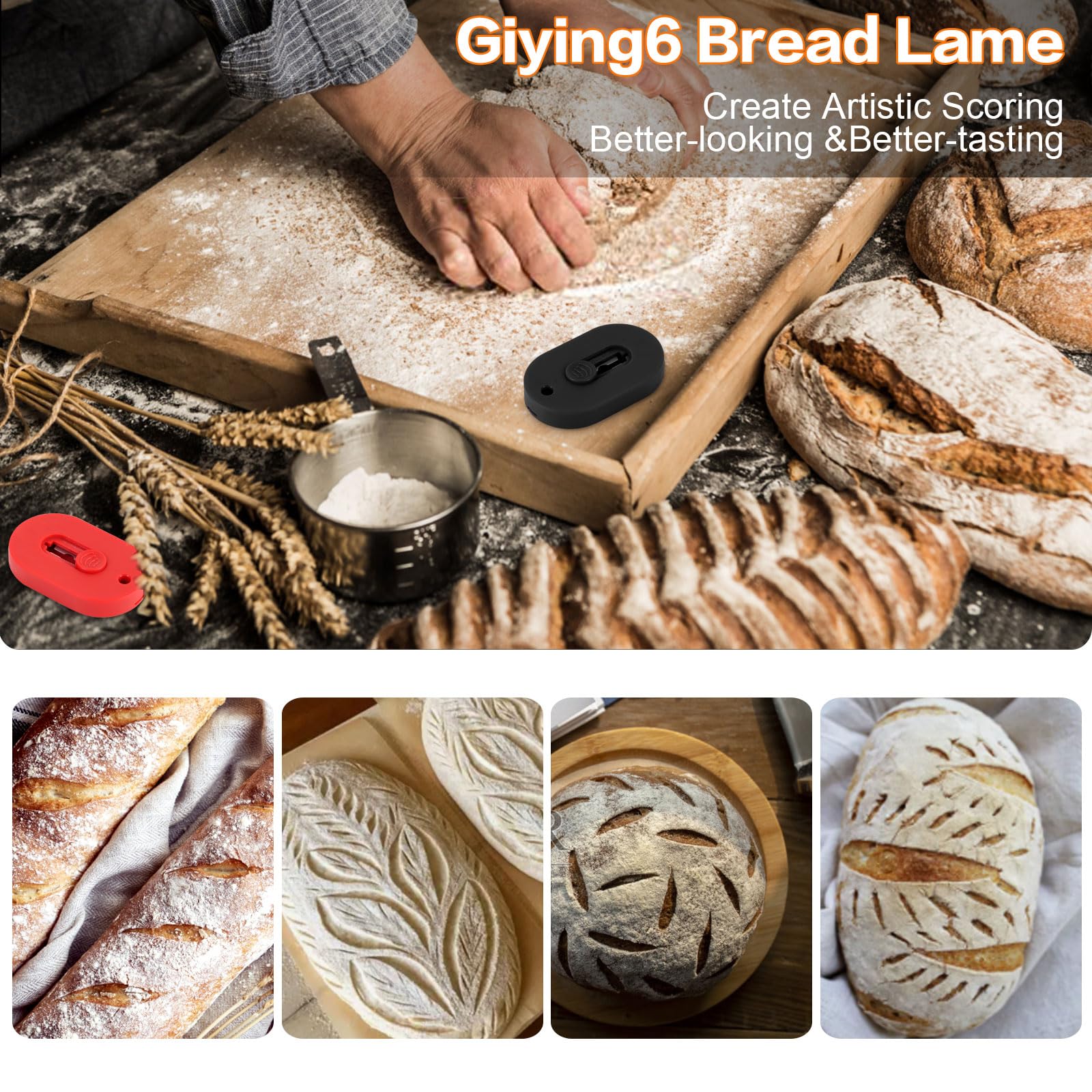 Giying6 Magnetic Bread Lame Dough Scoring Tool,Premium Sourdough Starter Kit,Integrated Push-pull Handle,for Professional Sourdough Baking & Bread Making Tools,contain 5 Razor Blades (Red)