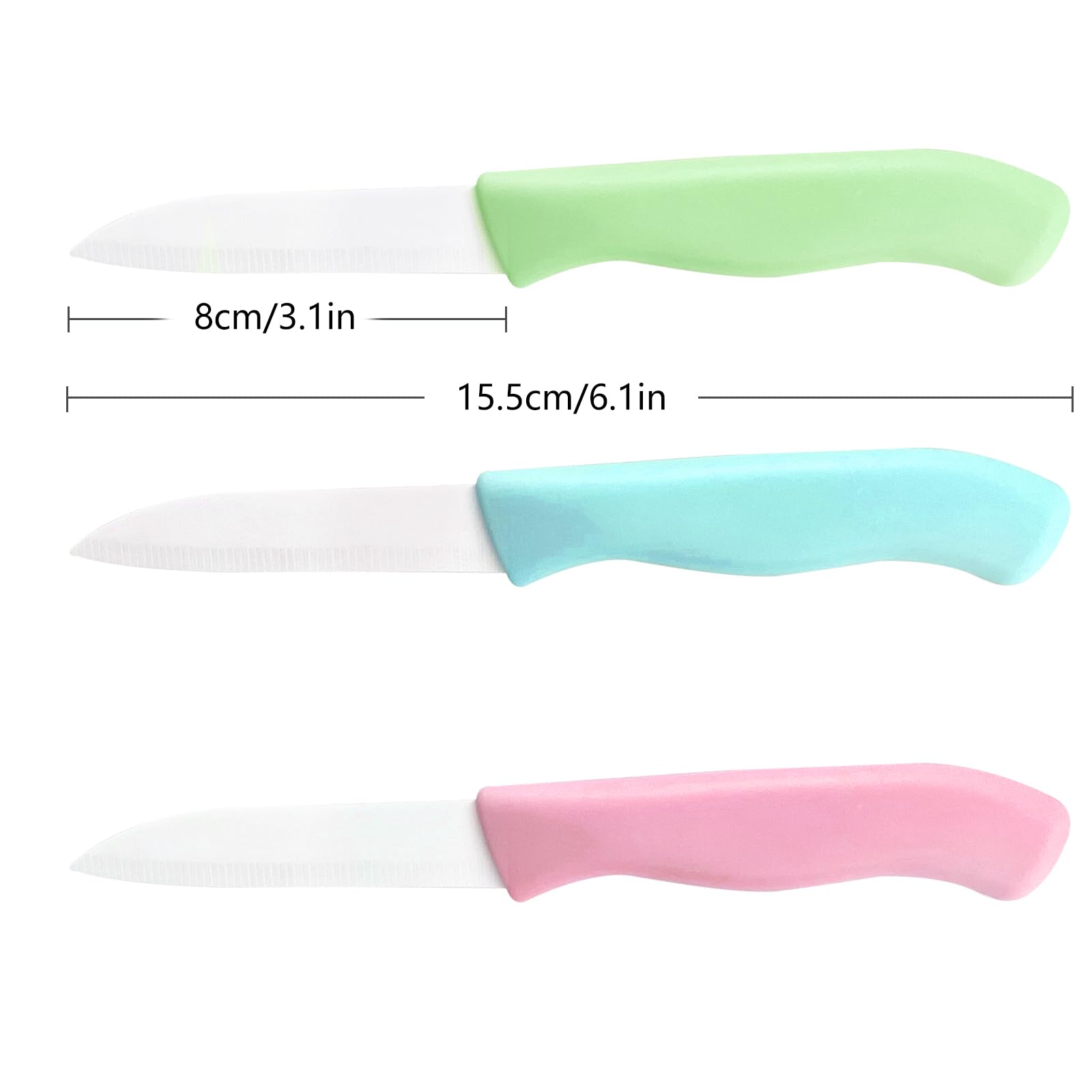 DUFEIMOY 3 Inch Ceramic Knife Set, Small Paring Knives Set of 3, Peeling Knife, Fruit Knife, Vegetable Knife, Sharp Kitchen Knives with Sheath, Blue, Green, Pink Knife